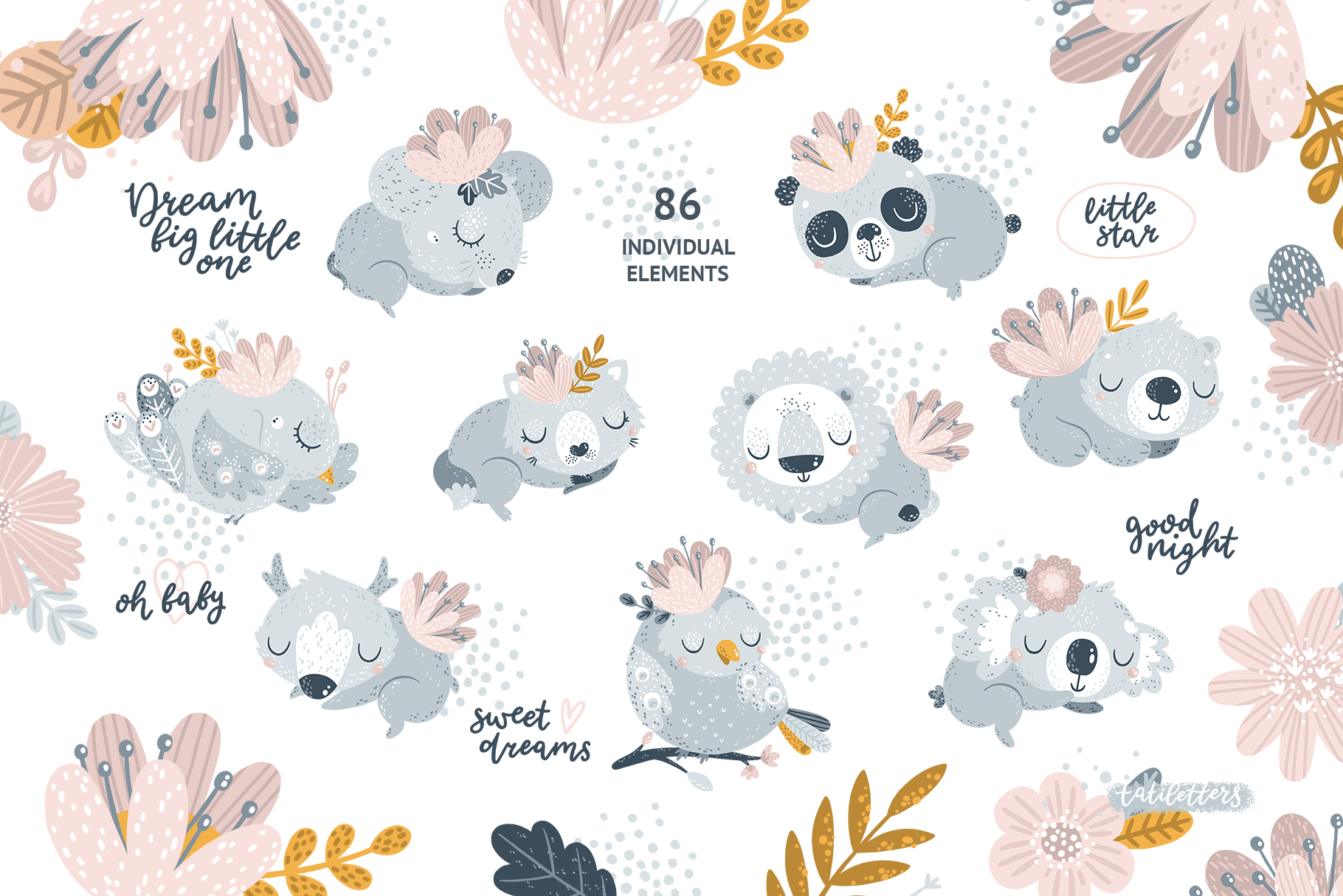 Sleeping Baby Animals Clipart and Patterns