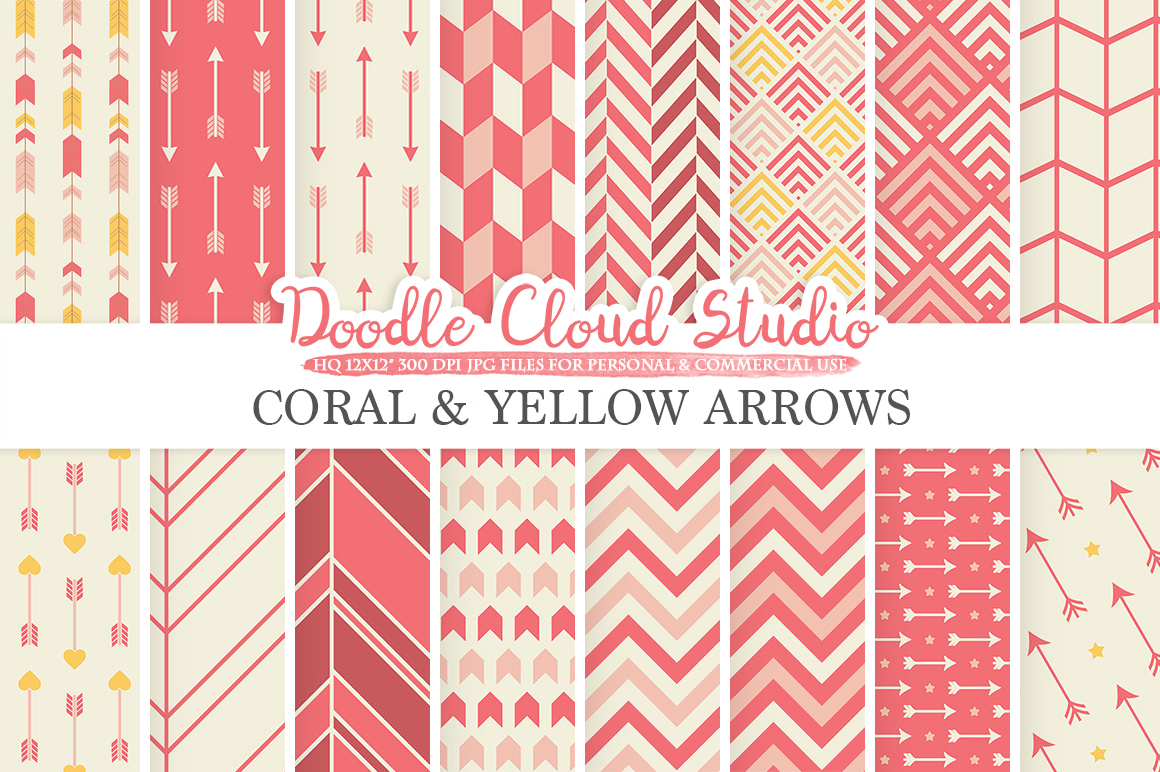 Coral and Yellow Arrows digital paper Pink Coral Arrow patterns tribal ...