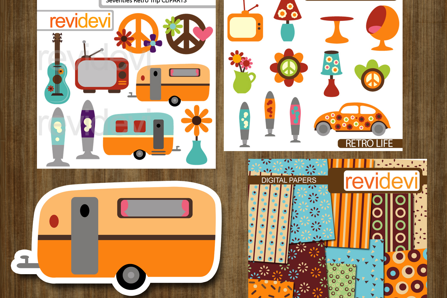 Retro 60s 70s life clip art illustrations bundle
