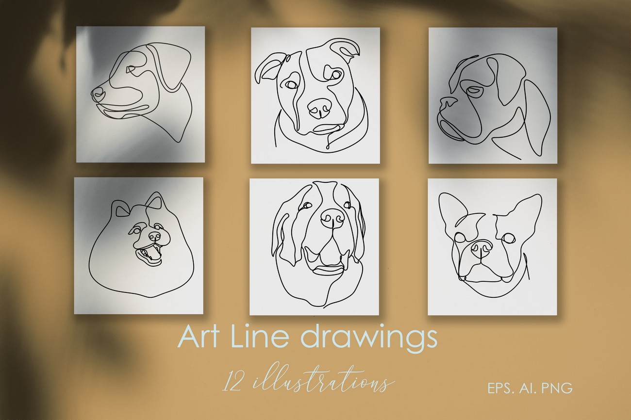 16 Dogs line drawings. Dog breeds