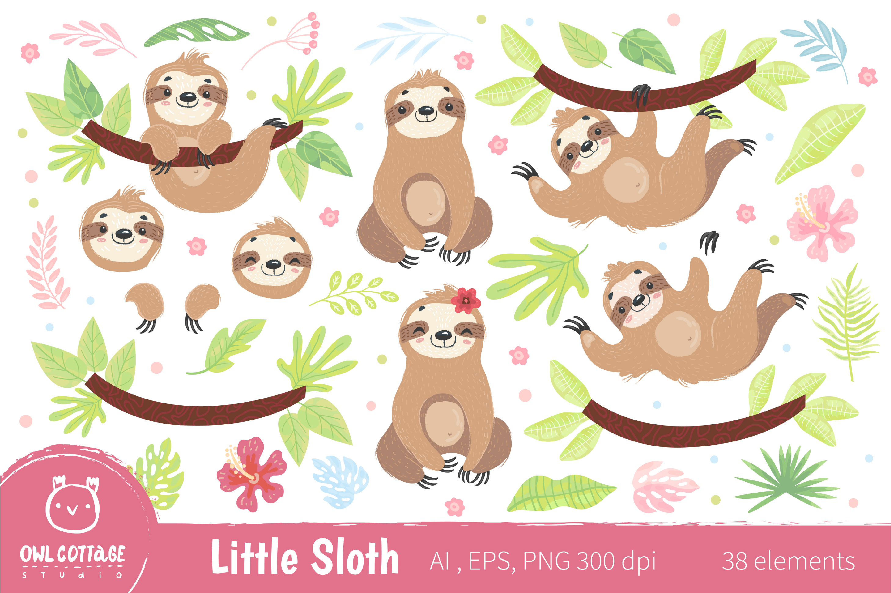Cute Sloth Clipart Collection, Vector and Png, Easy SCALABLE