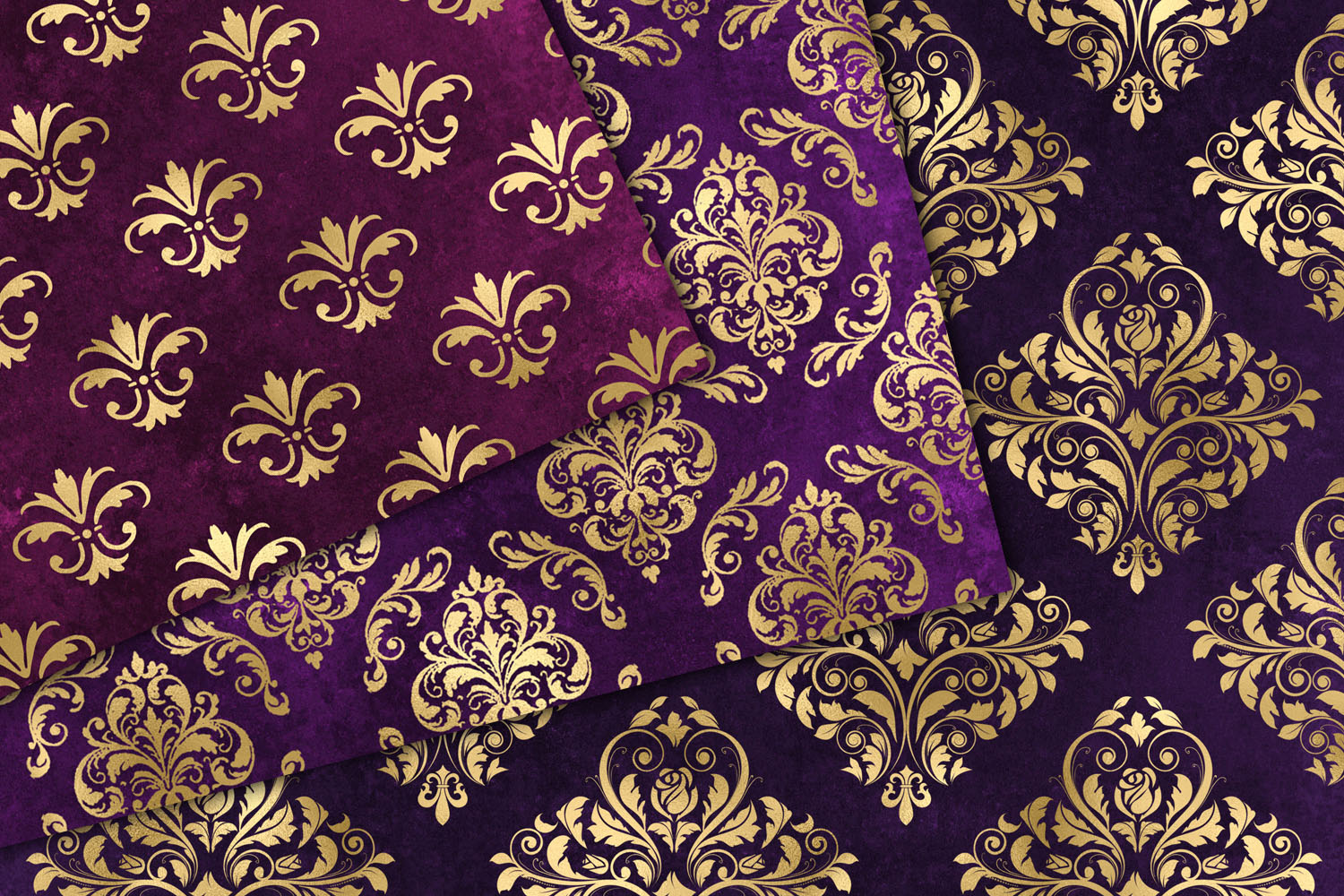 Purple and Gold Damask Digital Paper (329612) | Patterns | Design Bundles