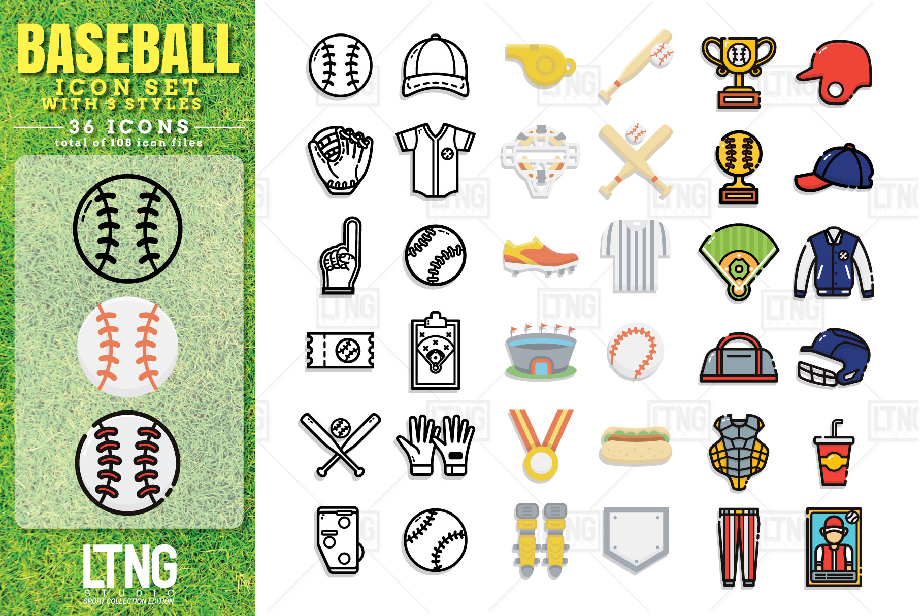 Baseball icon set with 3 styles (271544) | Icons | Design Bundles
