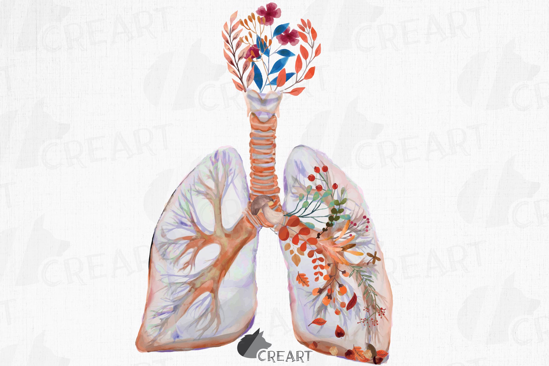 Autumn blooming lungs decor design. Floral human lungs art.
