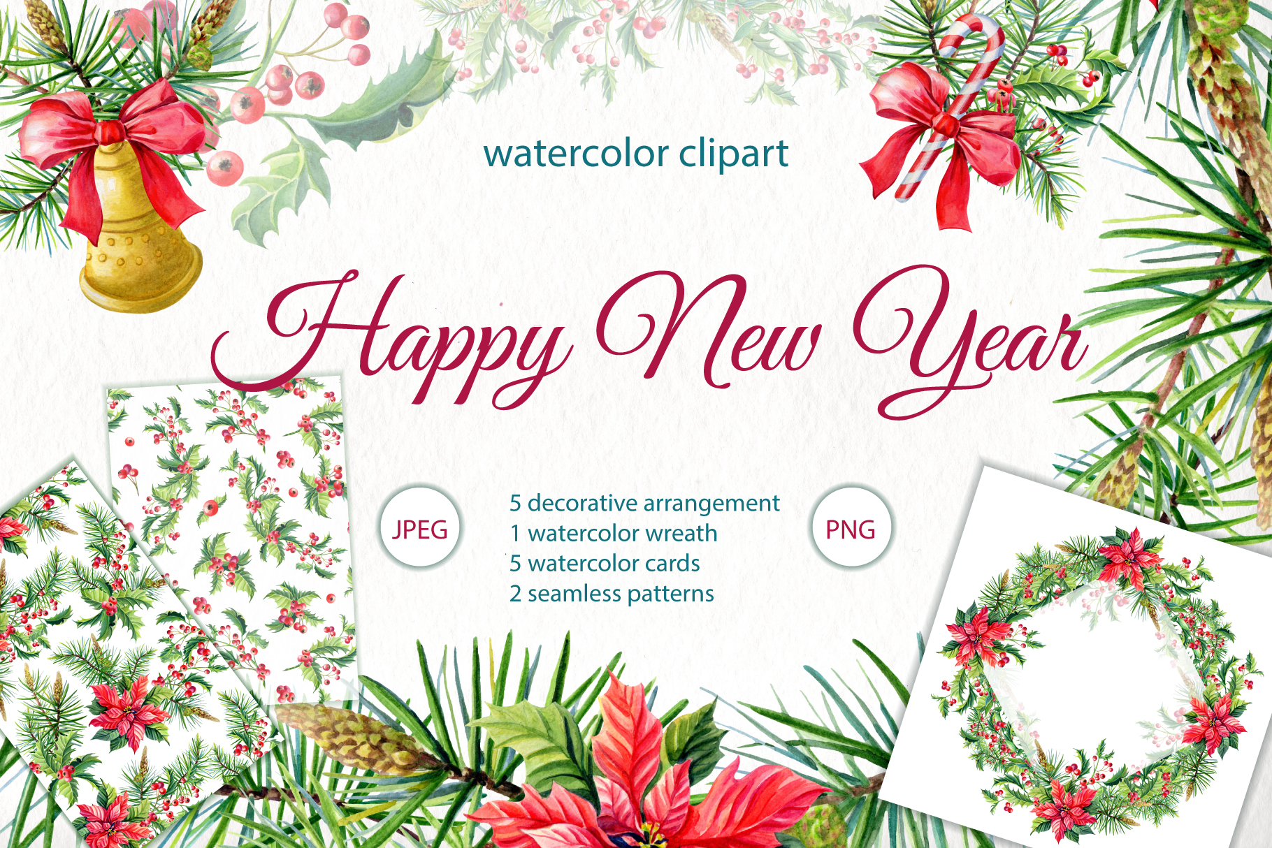 Happy New Year.Watercolor (182537) | Illustrations | Design Bundles