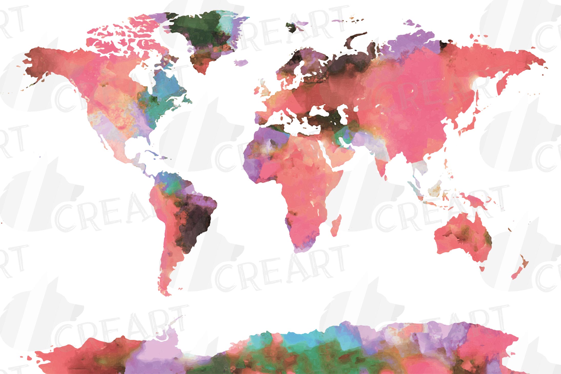 Watercolor pink World map digital poster, girls colorful map (279847 ...