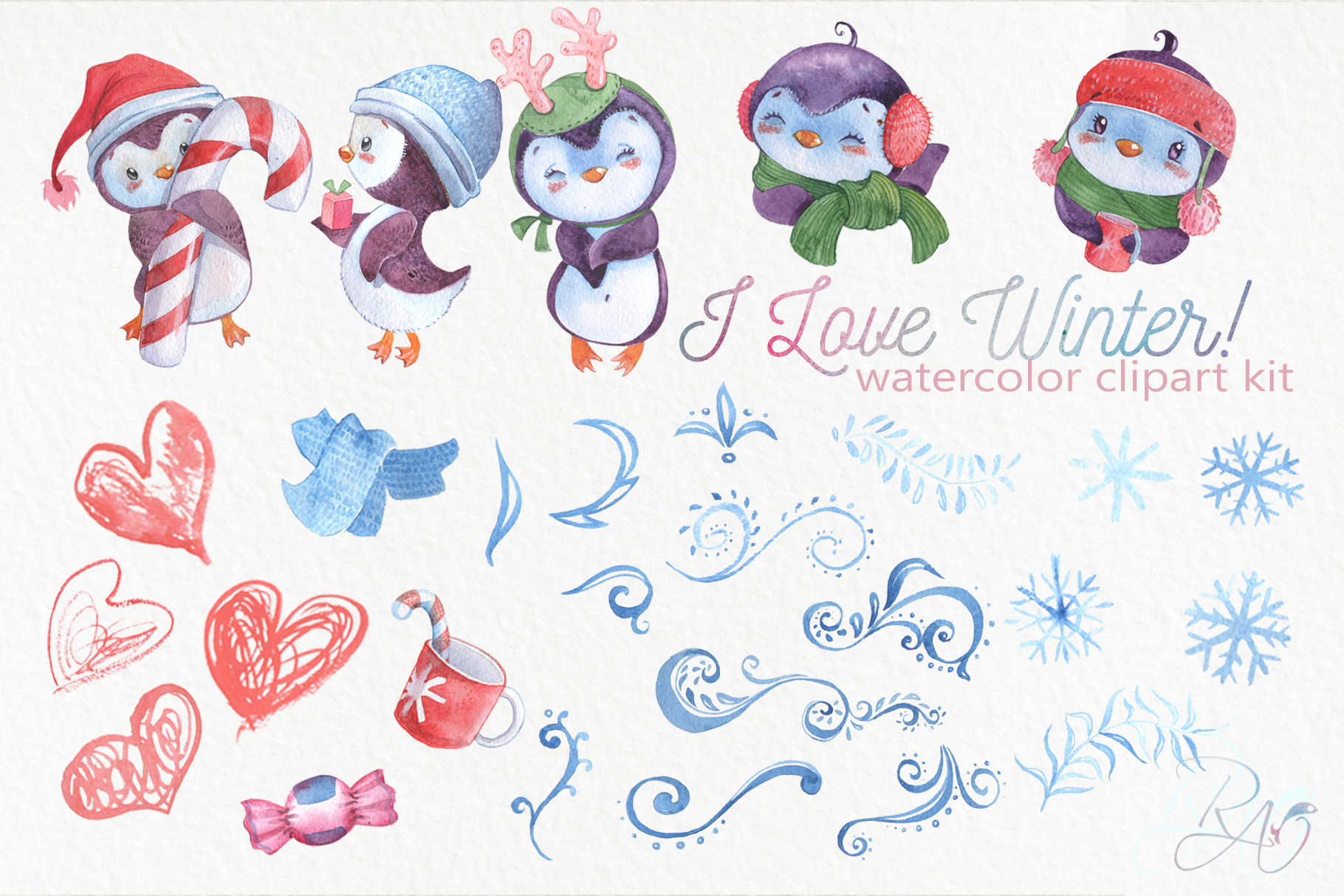 Cute watercolor Christmas penguins clipart