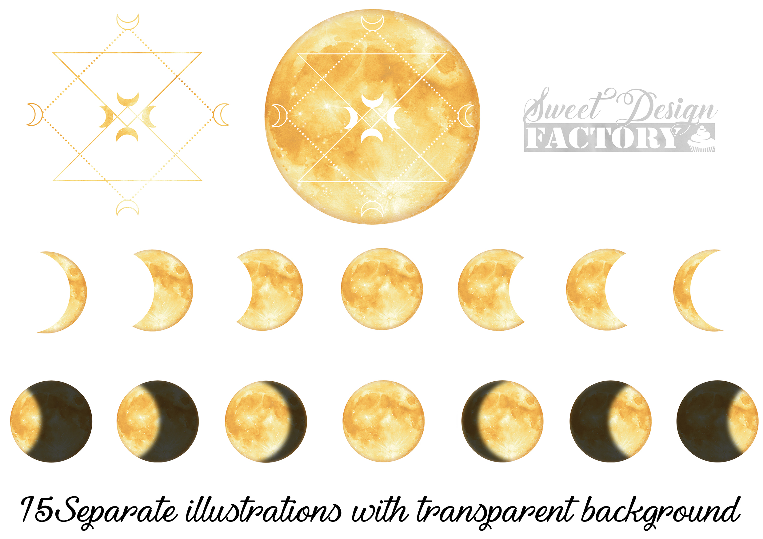 watercolor Gold moon clipart