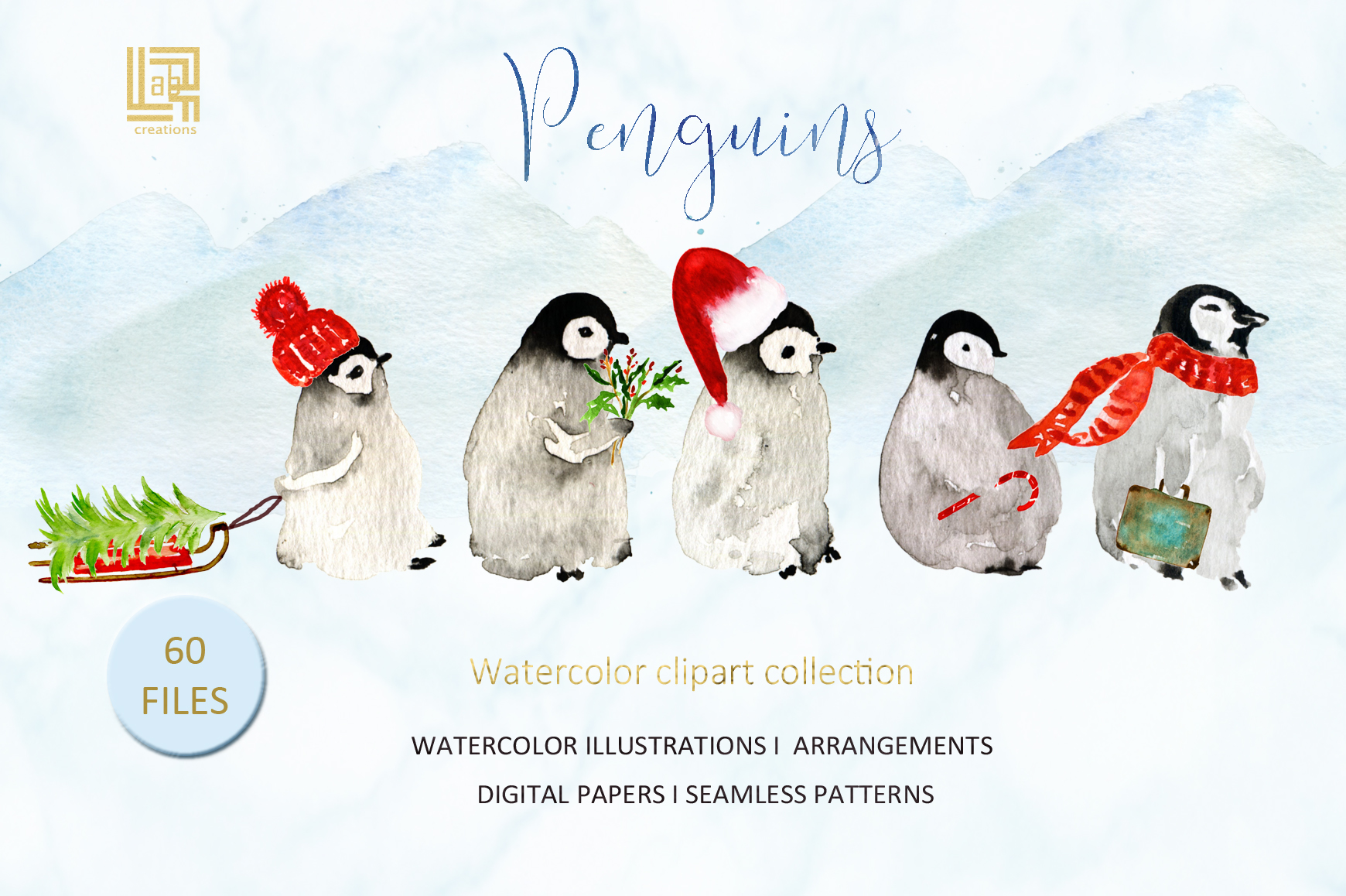 Penguins. Watercolor clipart (39305) | Illustrations | Design Bundles