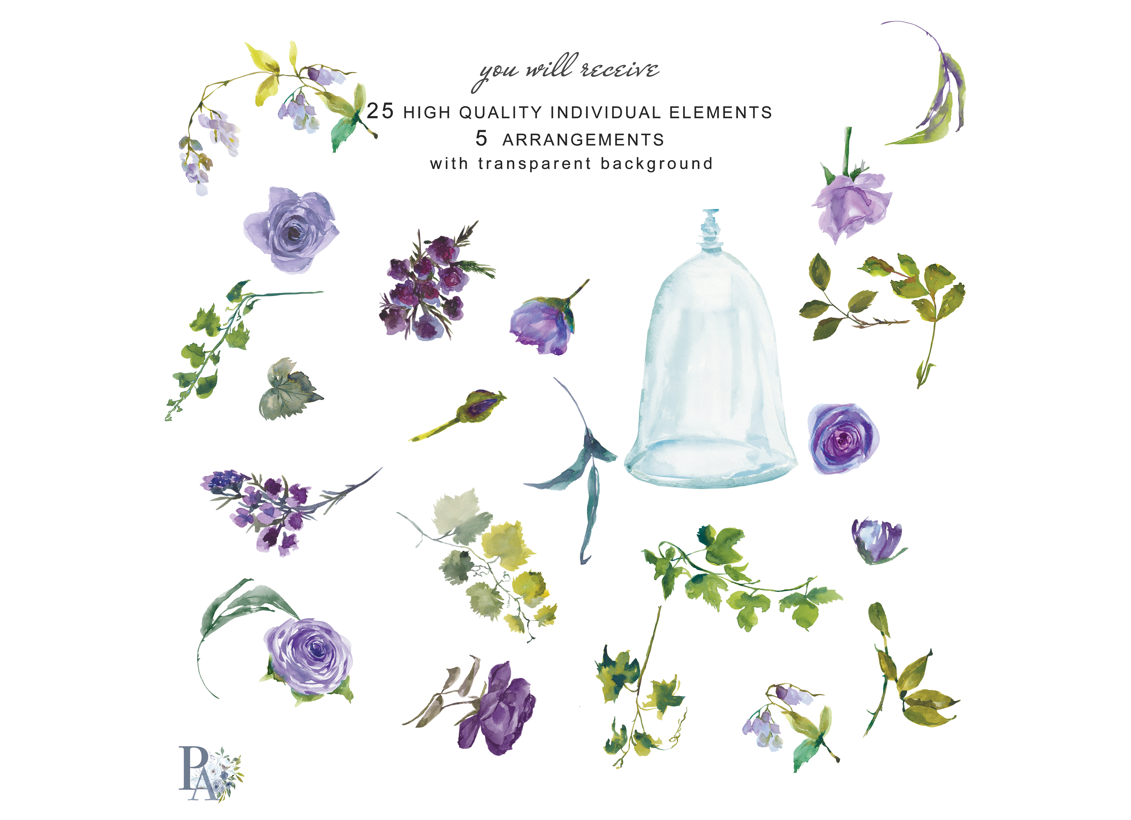 Hand Painted Watercolor Purple Flowers Clip Art