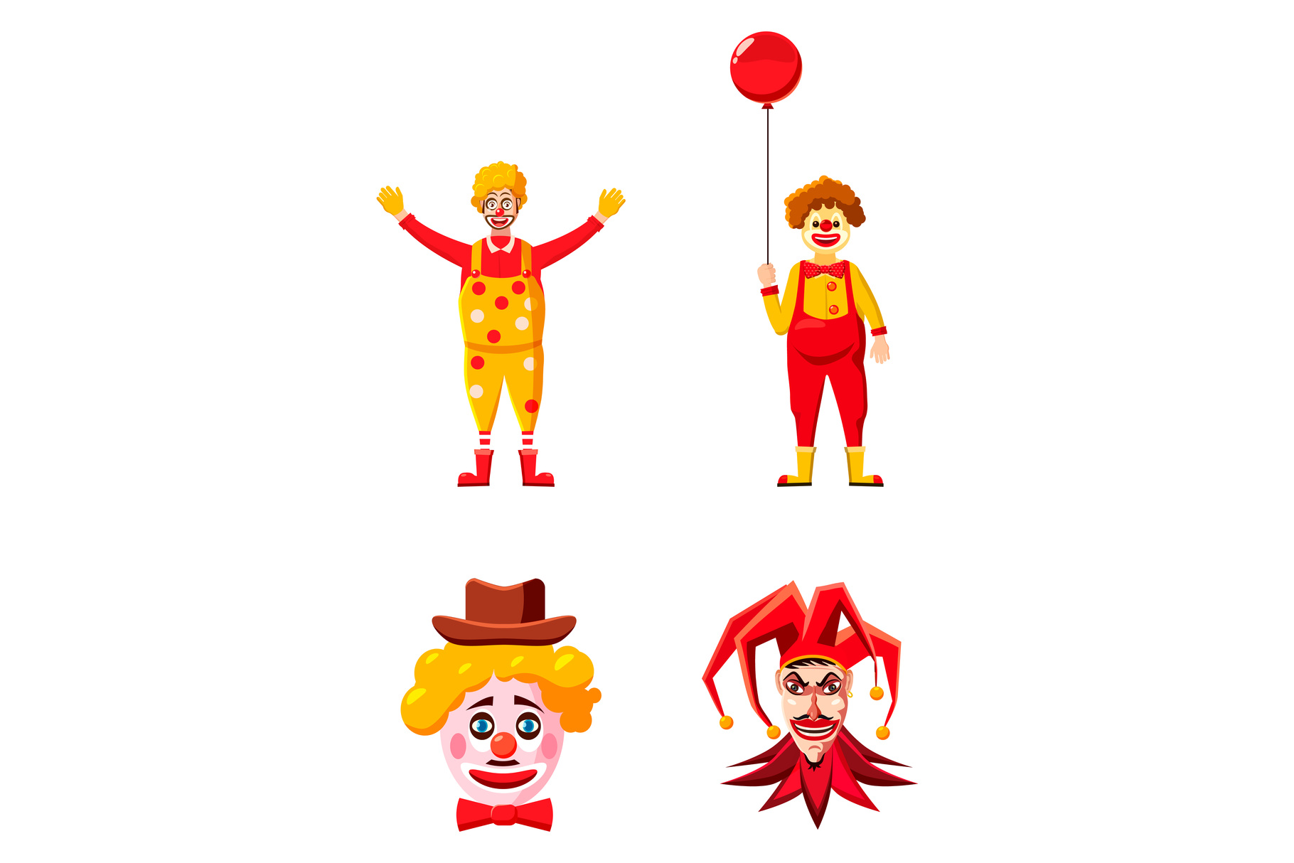 Clown icon set, cartoon style