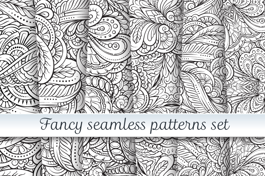Fancy black and white seamless patterns set