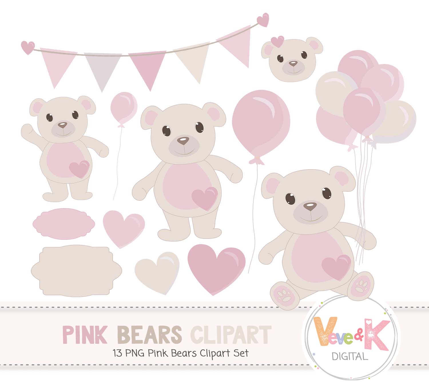 Teddy Bear Clip Art, Bear Clipart, Digital Clip Art, Pink Teddy bears ...