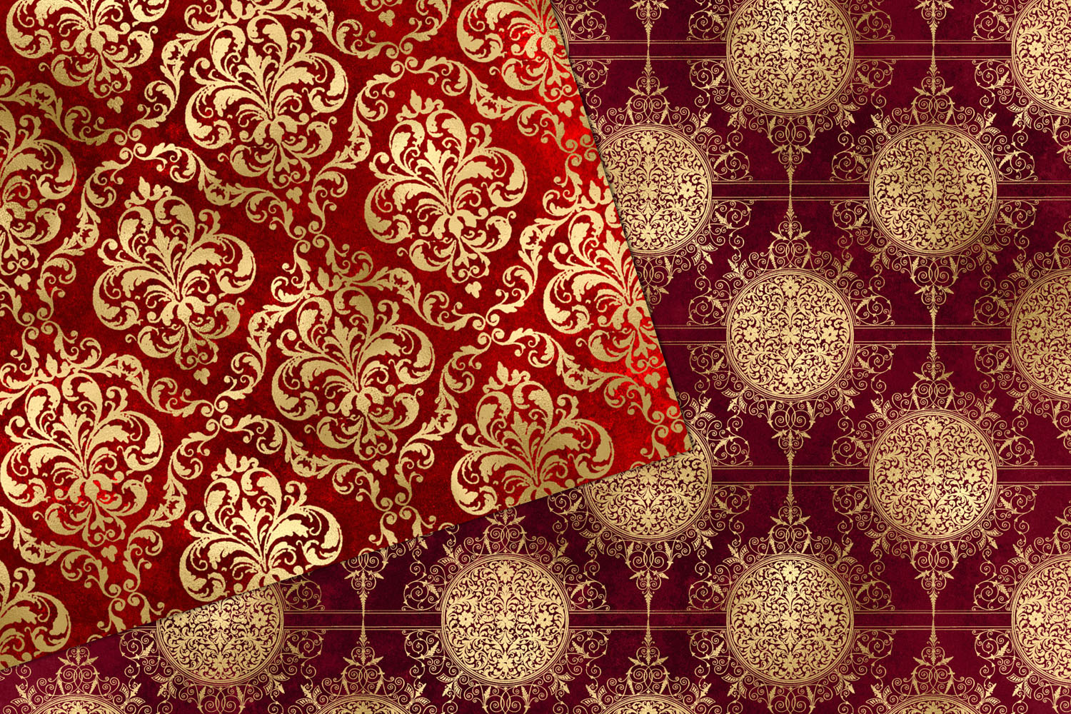 Red and Gold Damask Digital Paper (329675) | Patterns | Design Bundles