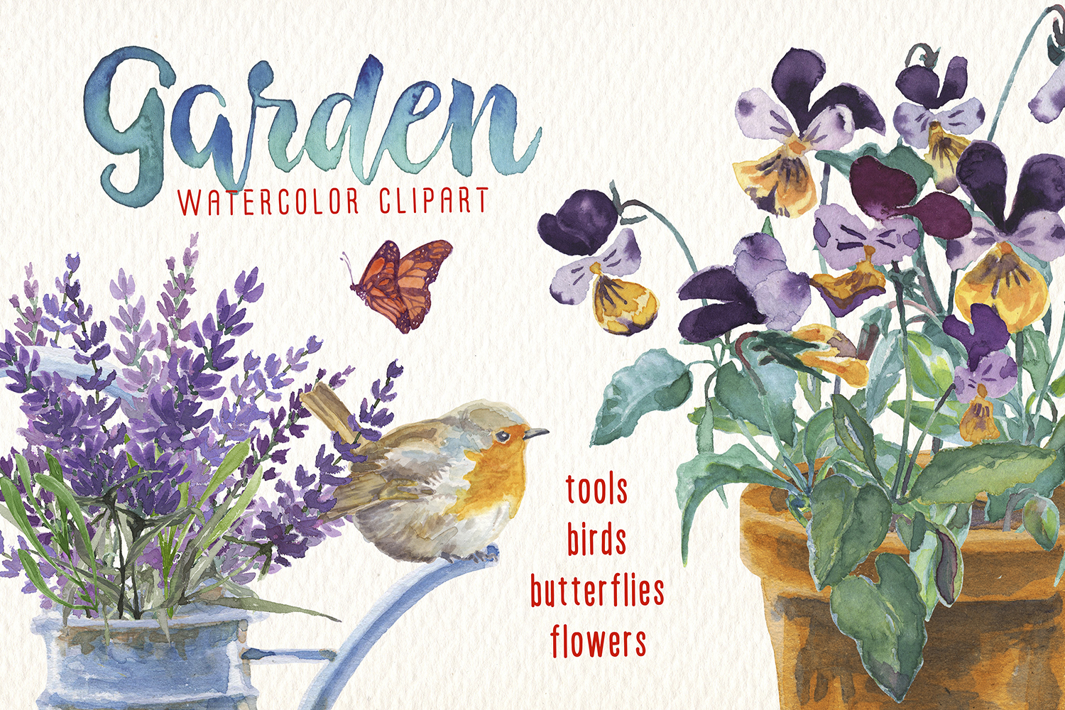 watercolor in the garden clip art (77789) | Illustrations | Design Bundles