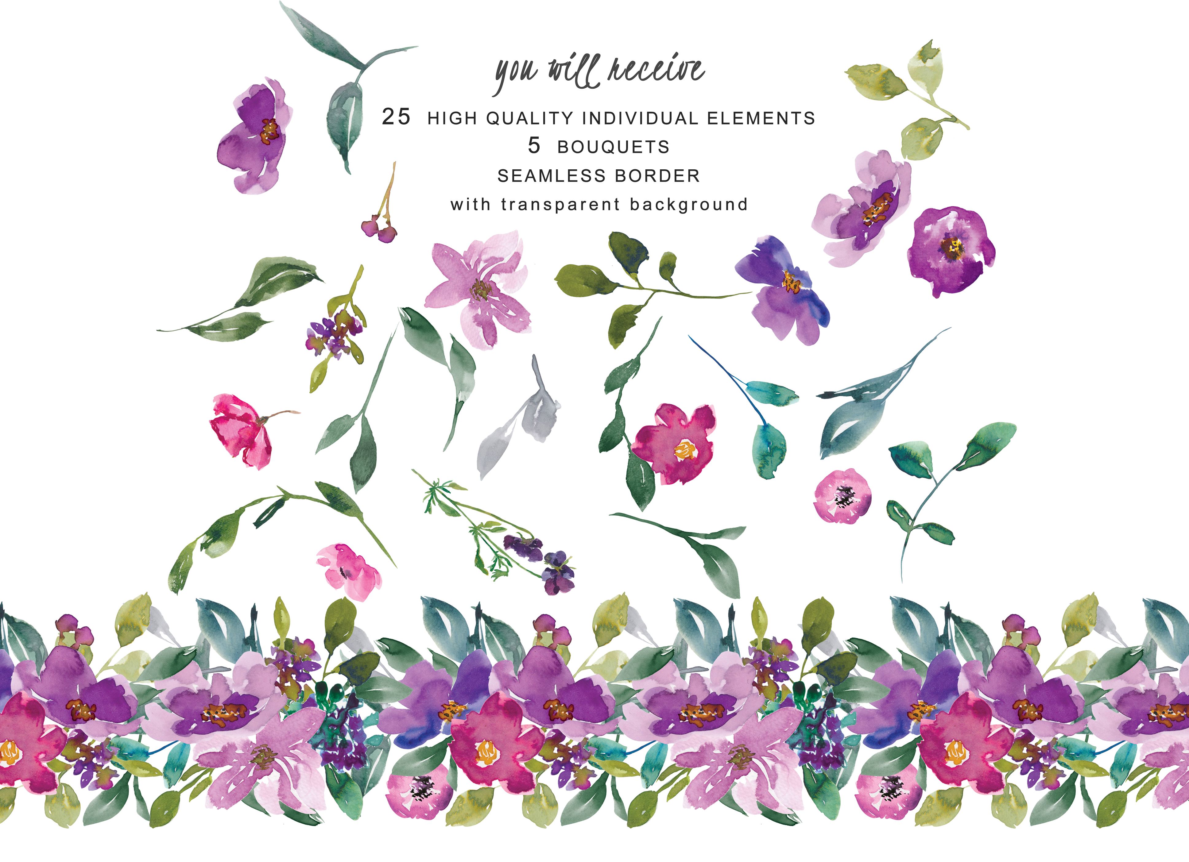 Hand Painted Watercolor Purple Flowers Clip Art (89281) | Illustrations ...