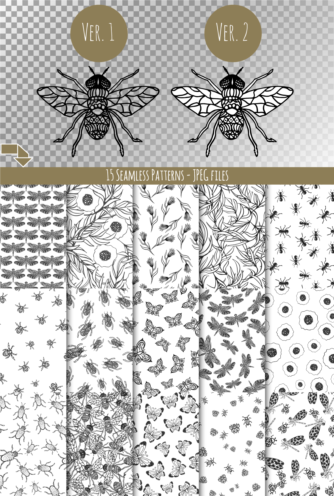 Hand-drawn ink insects and patterns (28231) | Illustrations | Design ...