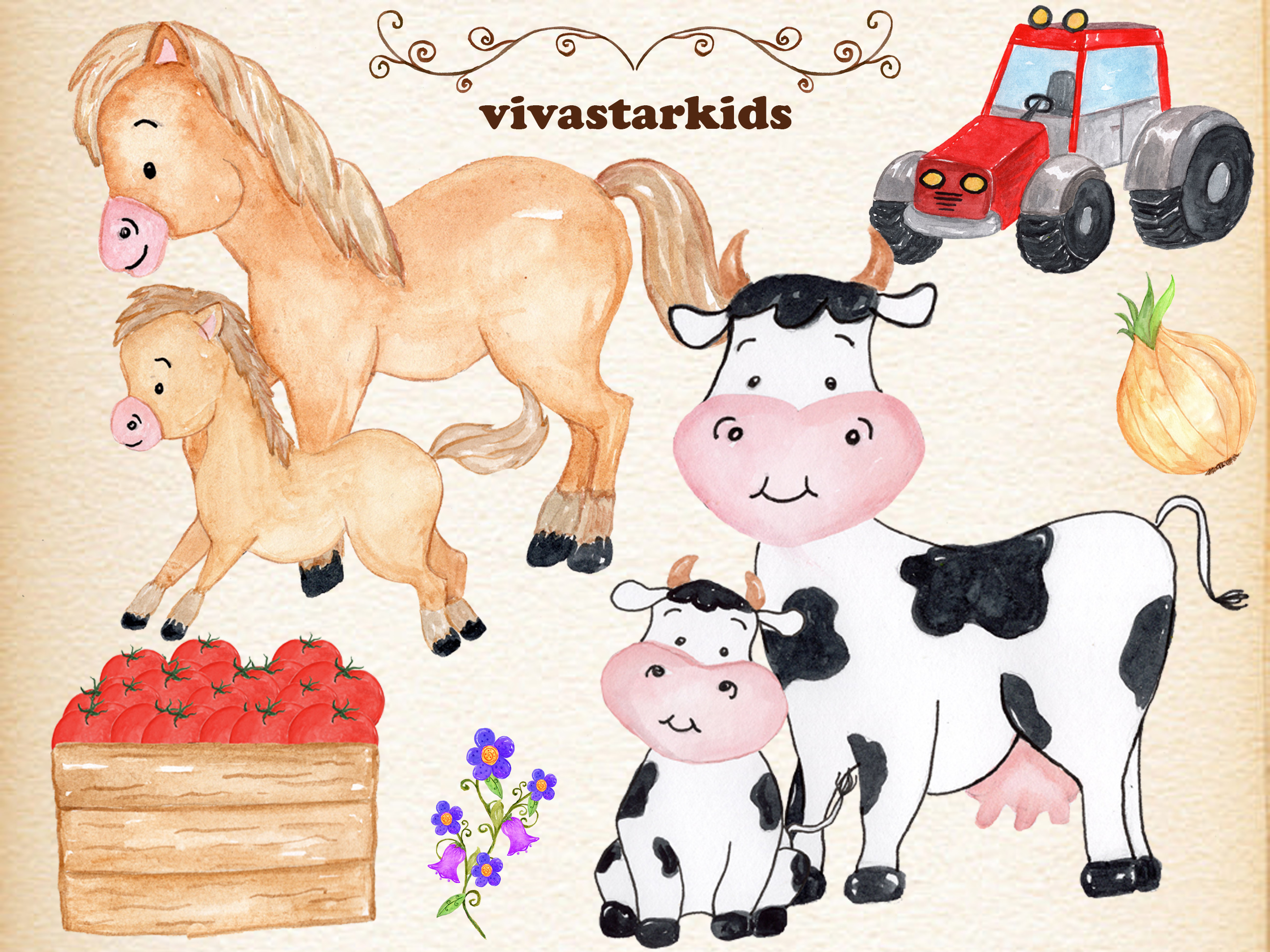 Watercolor Farm Animals Clipart
