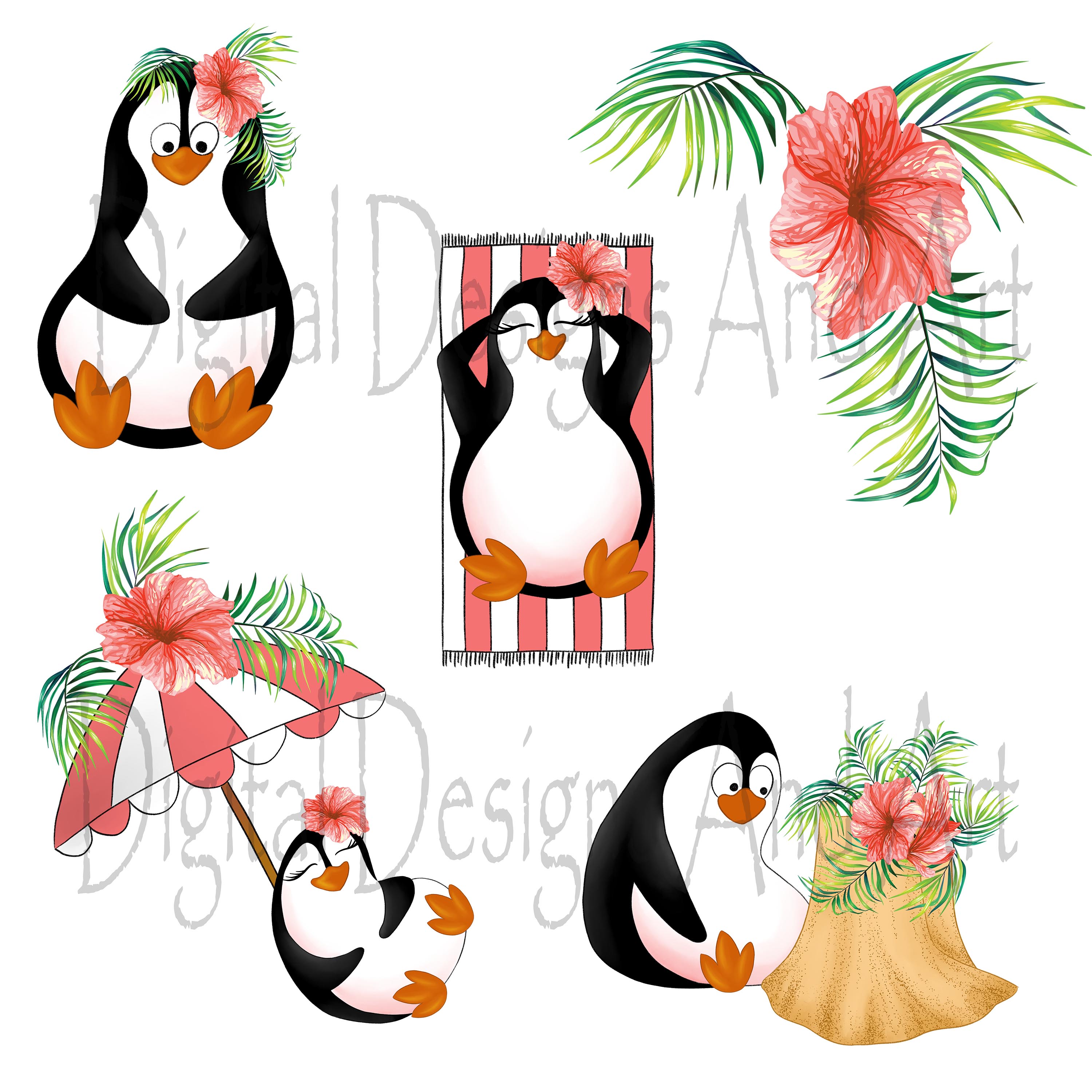 Beach penguins clipart (80122) | Illustrations | Design Bundles