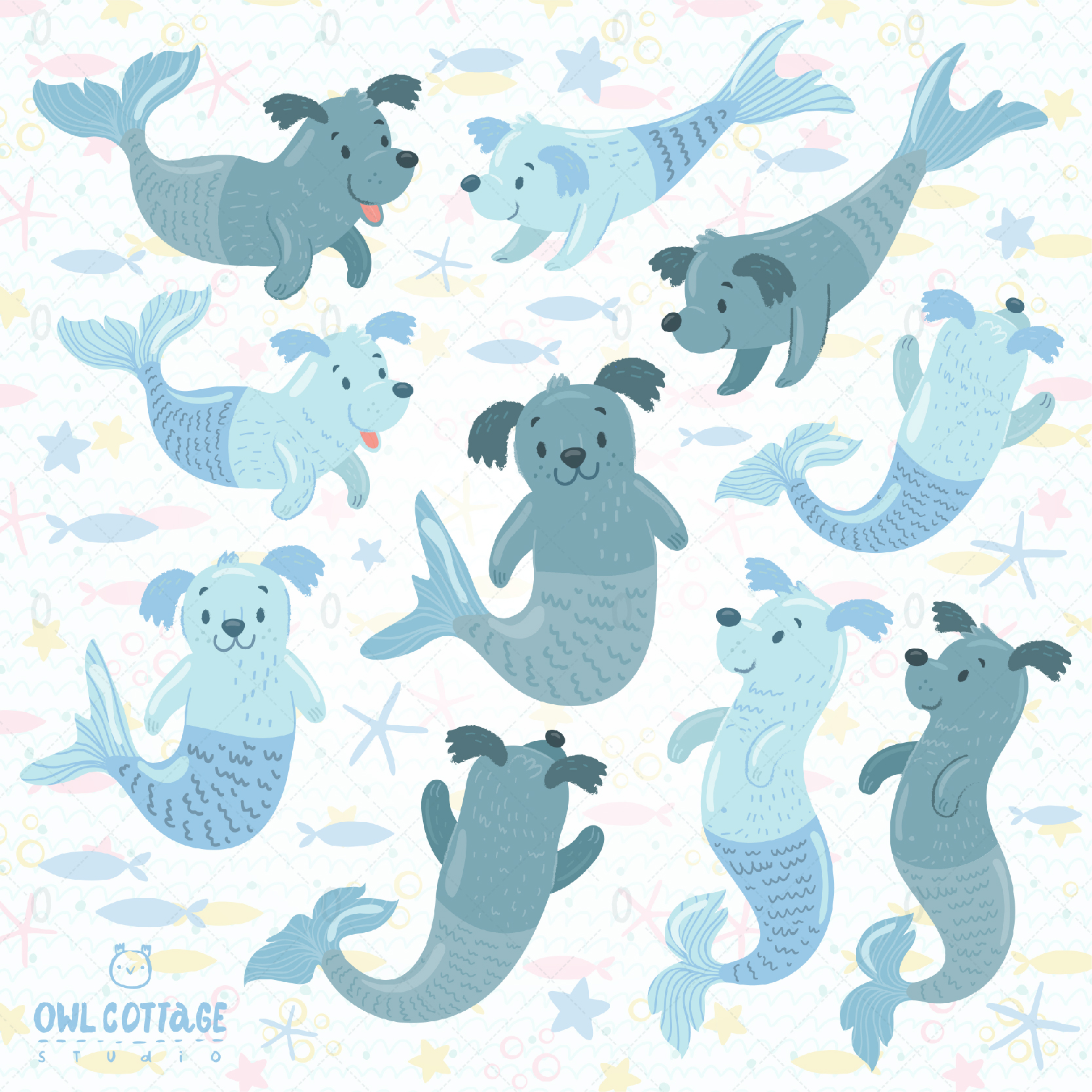 Mer-Dogs vector and raster Clipart Set