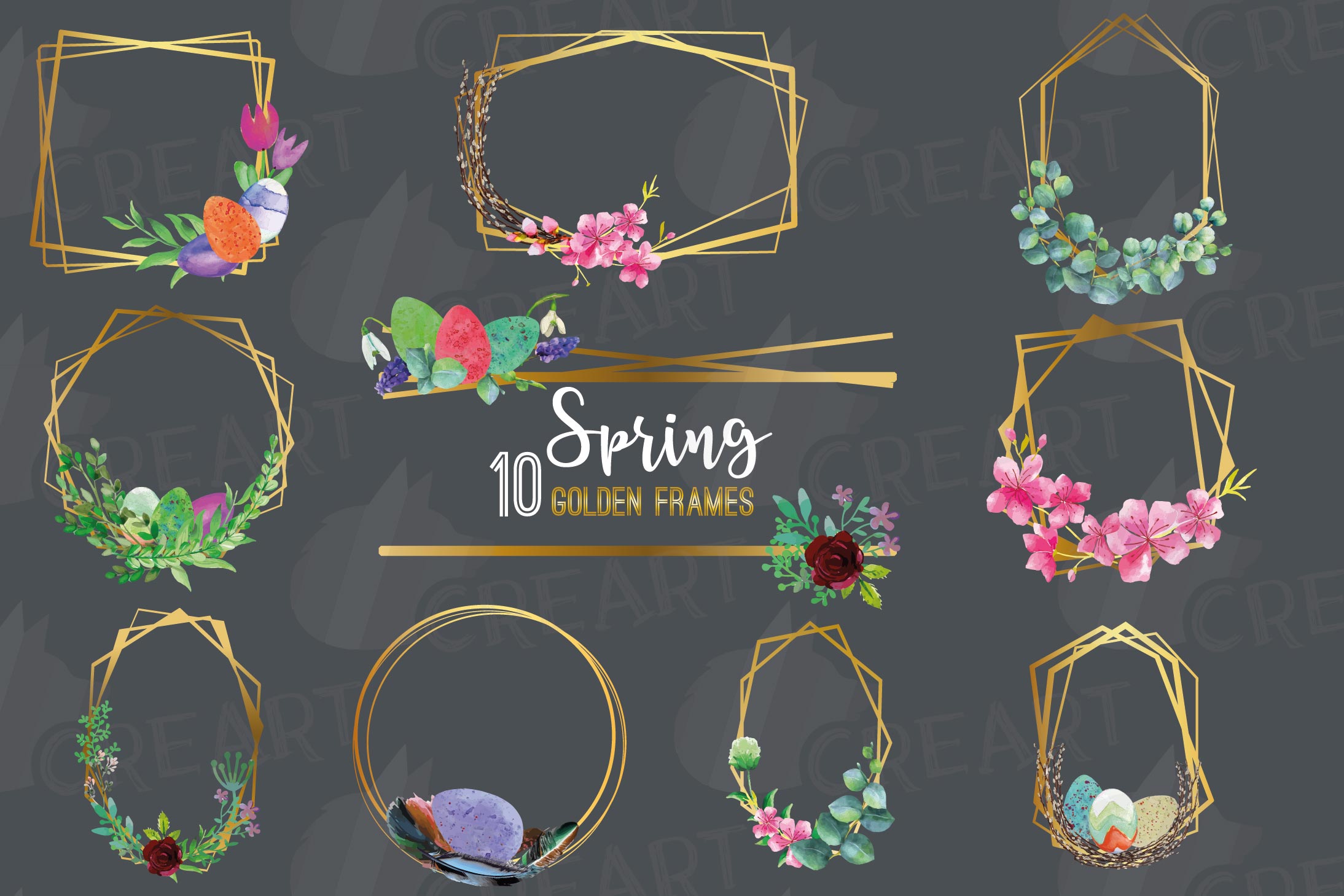 Floral watercolor spring & golden geometric frames clip art (232935 ...