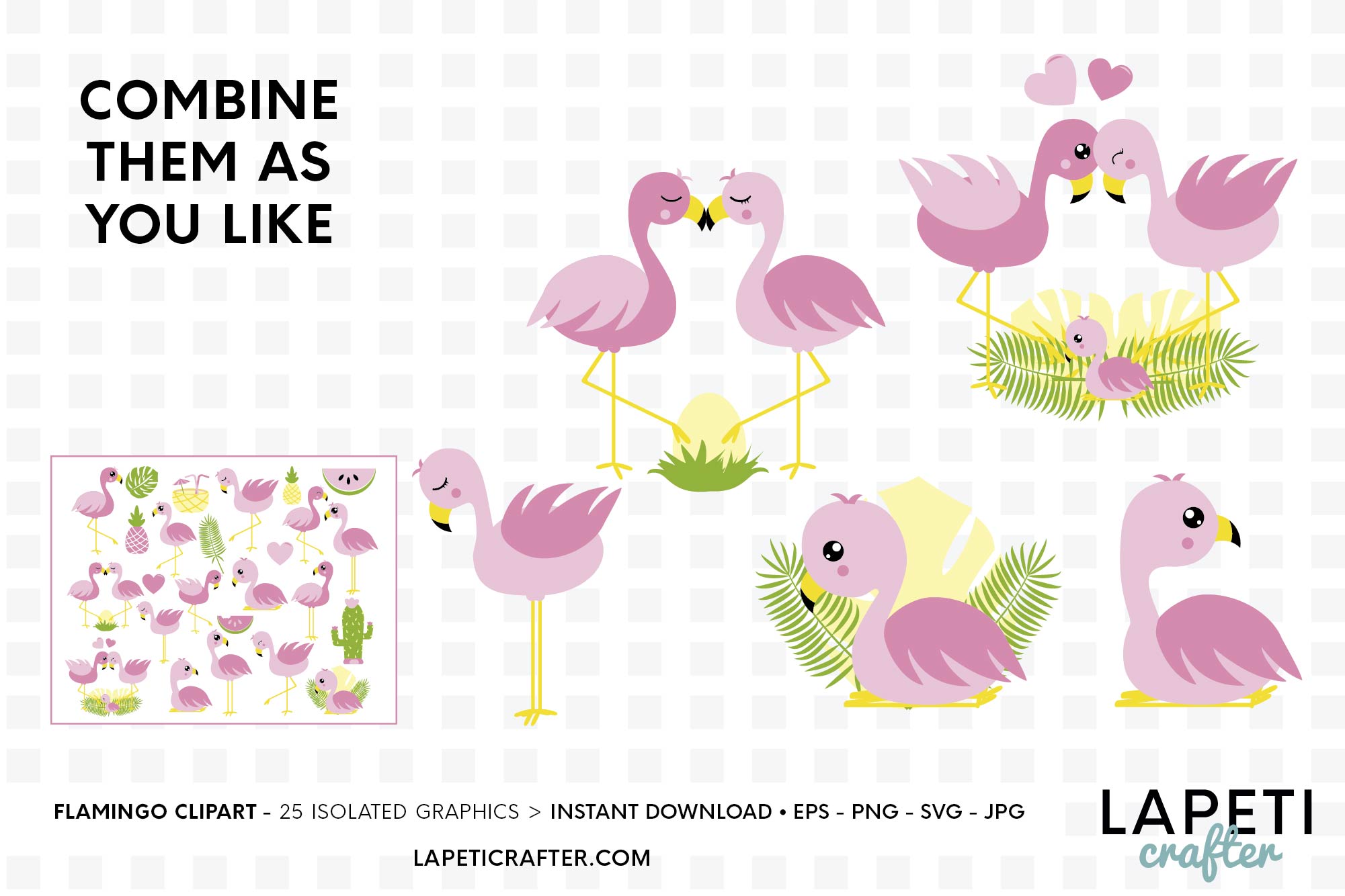 Pink flamingo illustration, summer clipart, tropical vector