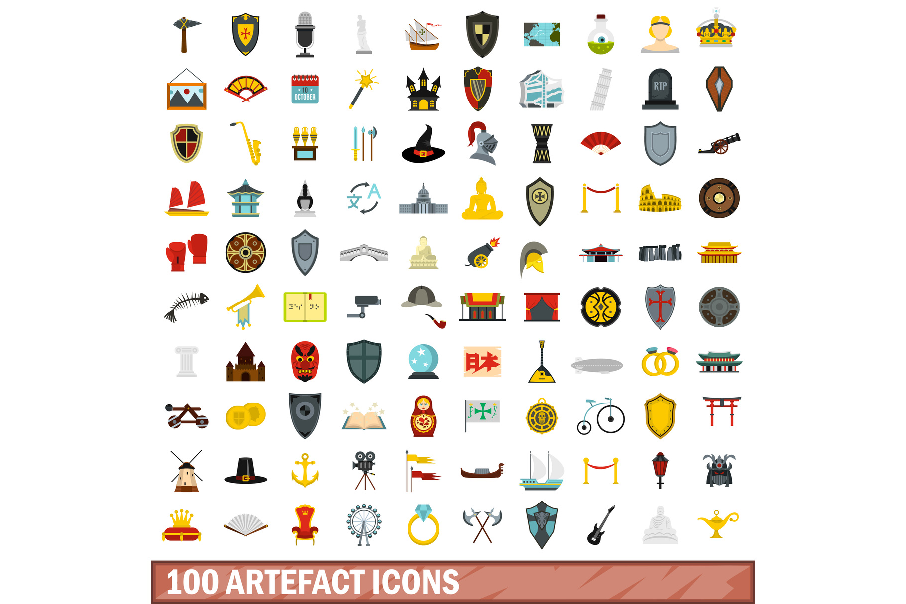 100 artefact icons set, flat style