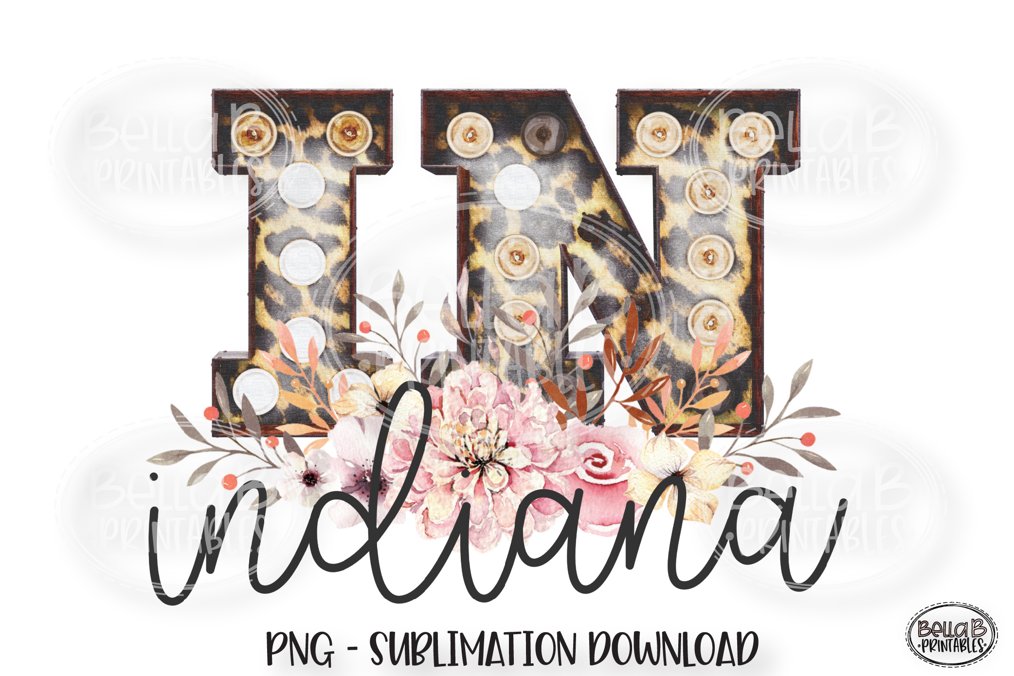 Indiana Sublimation Design, Leopard Print, Marquee Letters