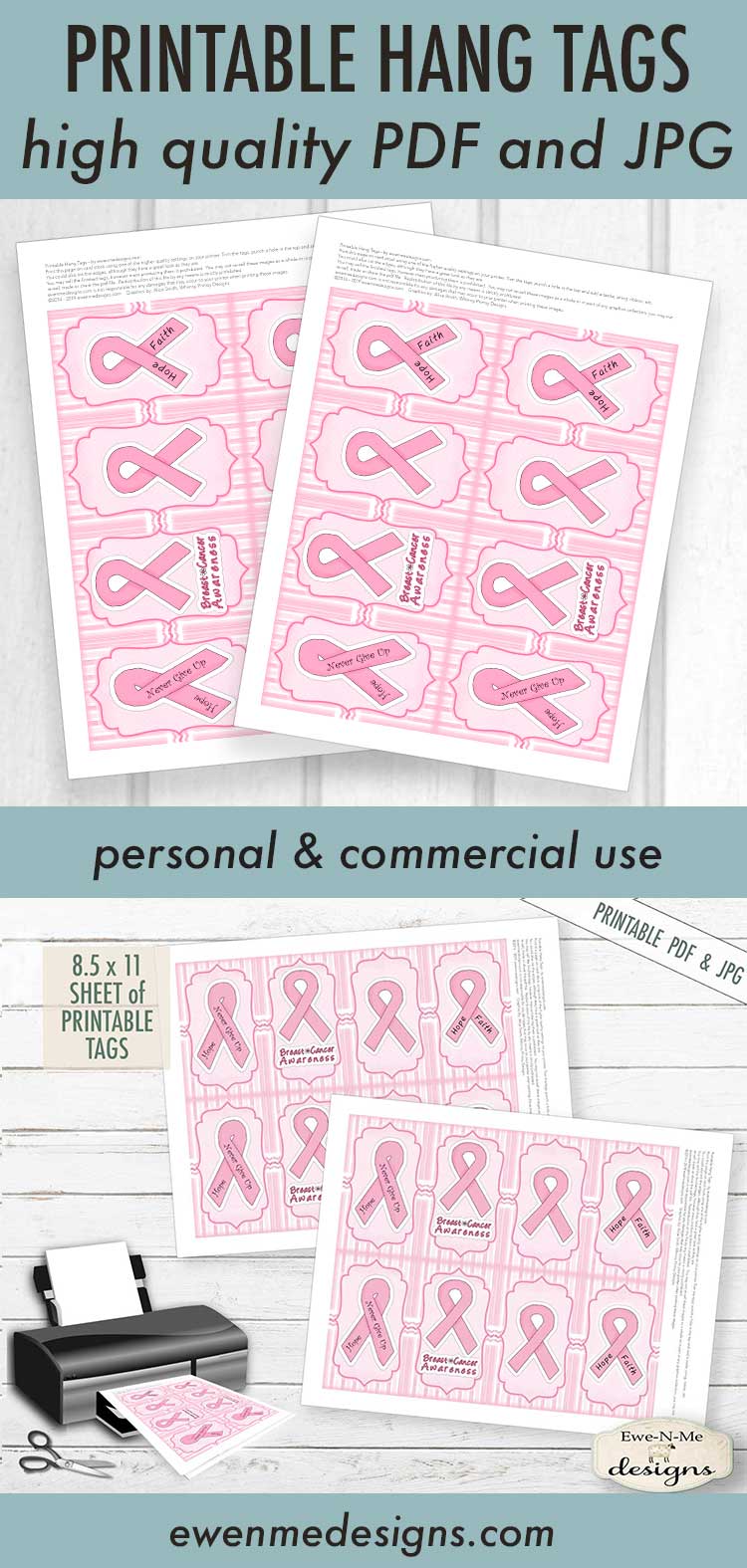 Printable Breast Cancer Tags - Pink Ribbon - PDF and JPG