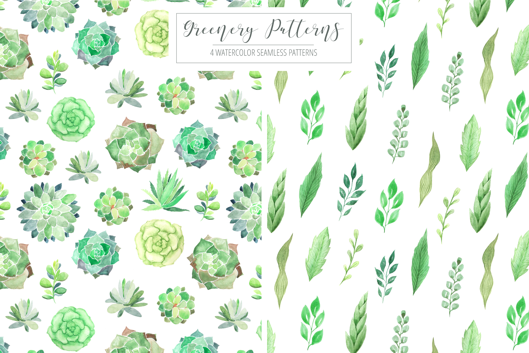 4 Watercolor Greenery Patterns (94143) | Patterns | Design Bundles