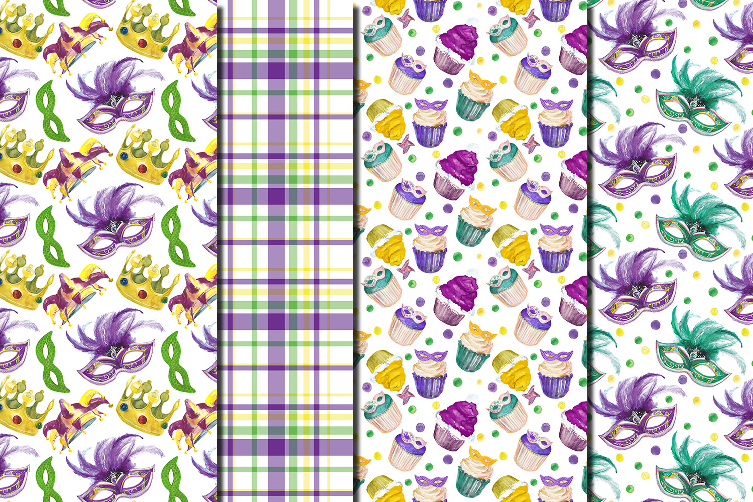 Watercolor Mardi Gras seamless digital paper pack (26268) | Backgrounds ...