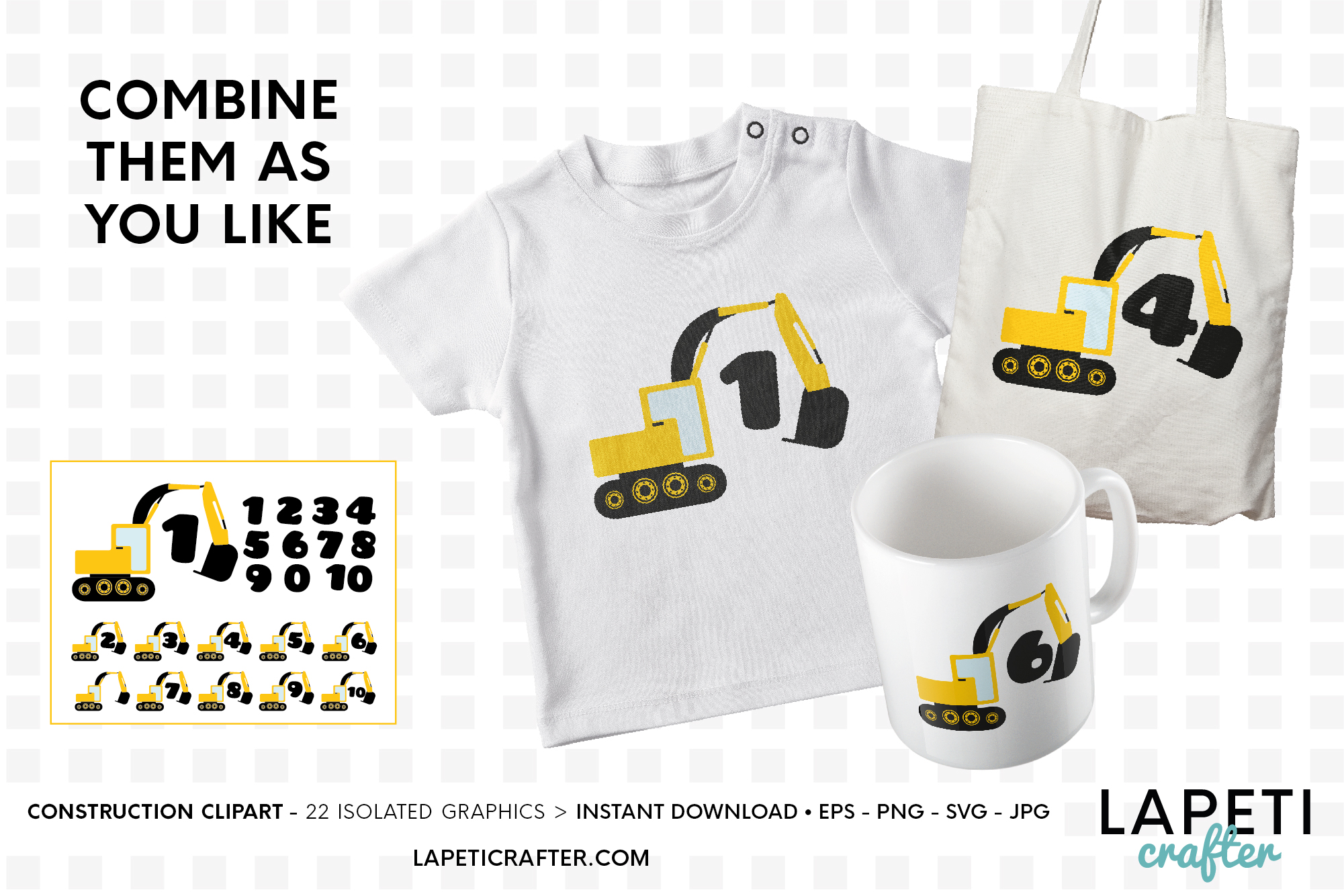 Construction birthday numbers, yellow excavator clipart