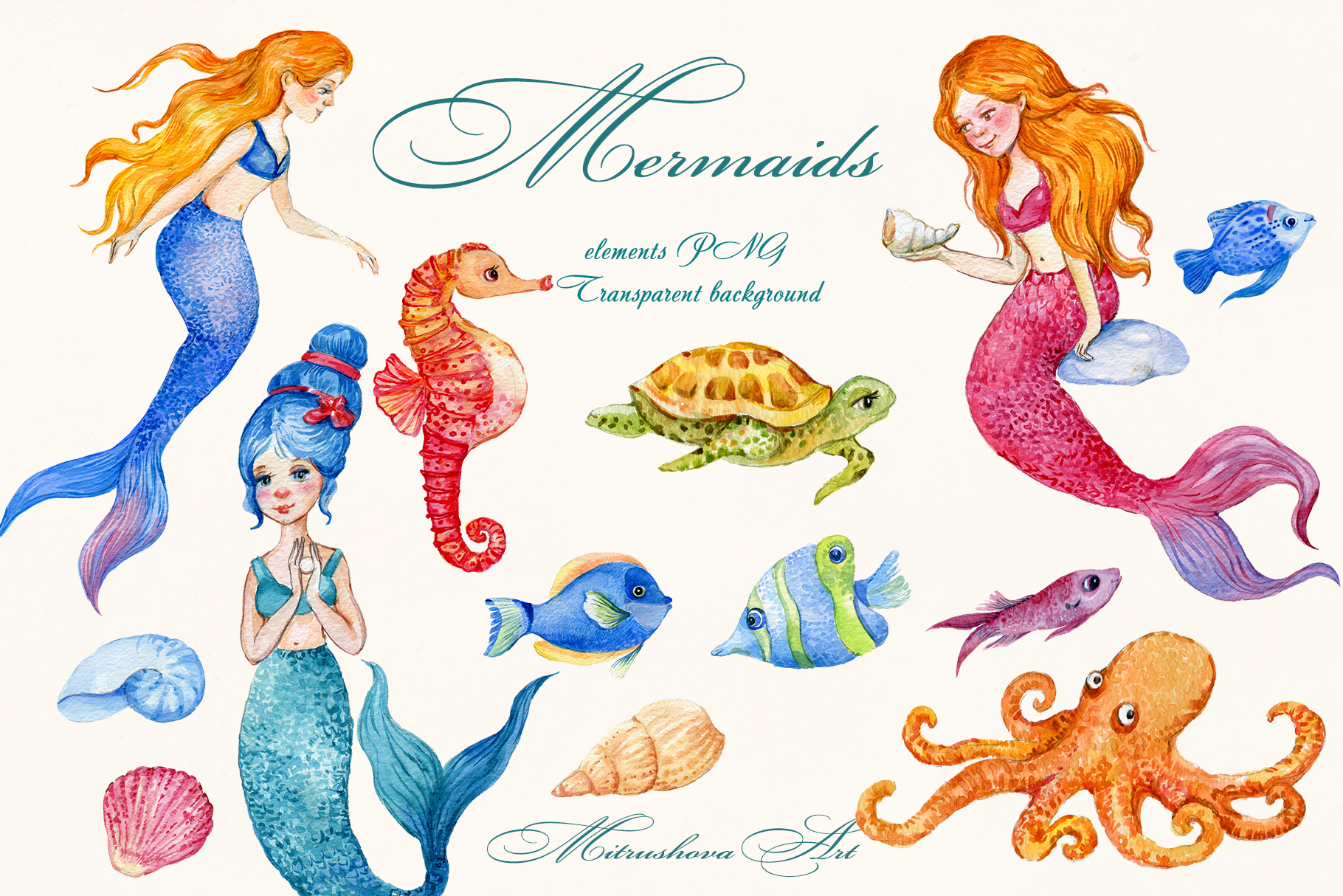 Mermaids. watercolor clipart (161973) | Illustrations | Design Bundles