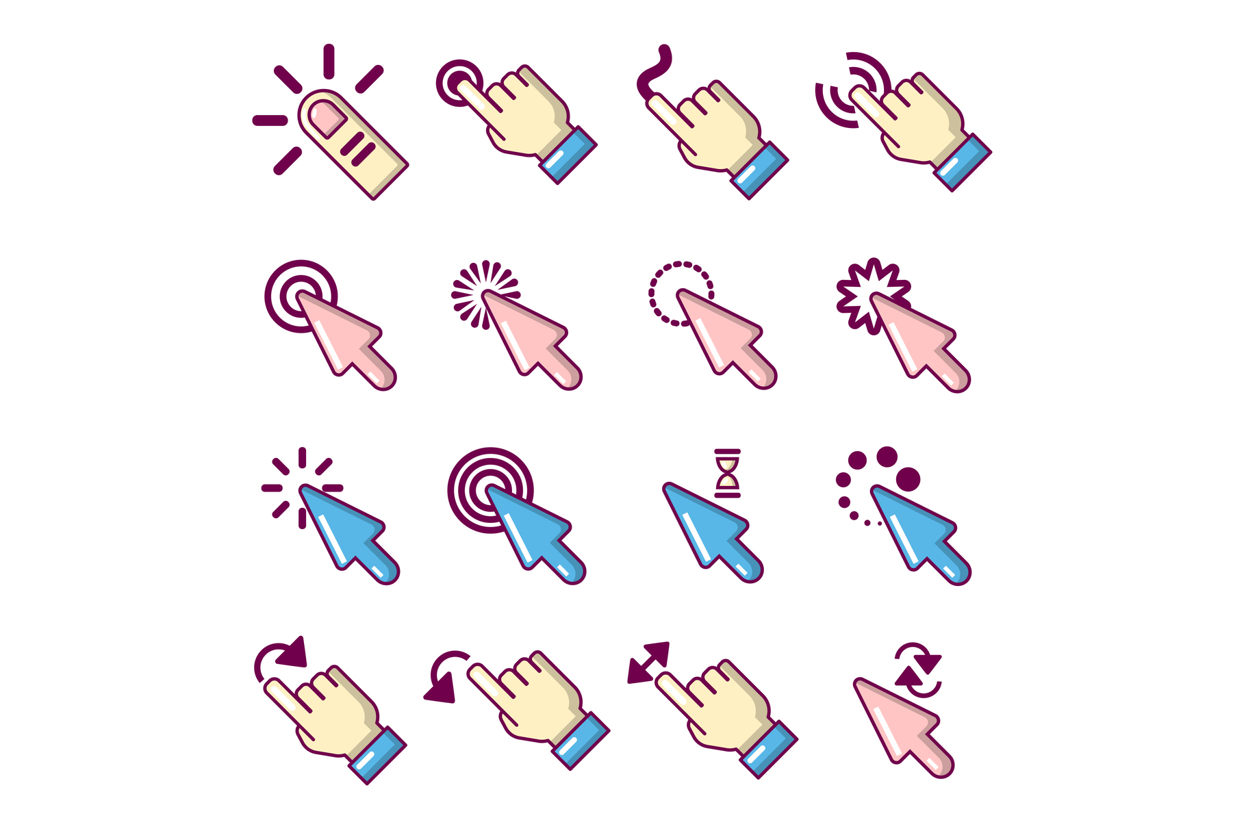 Hand click icons set, cartoon style Hand click icons set, cartoon style