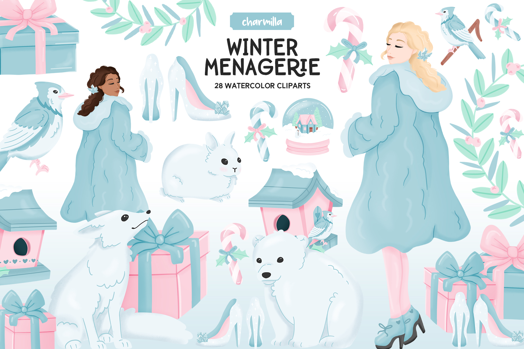 Winter Animals Watercolor Clipart