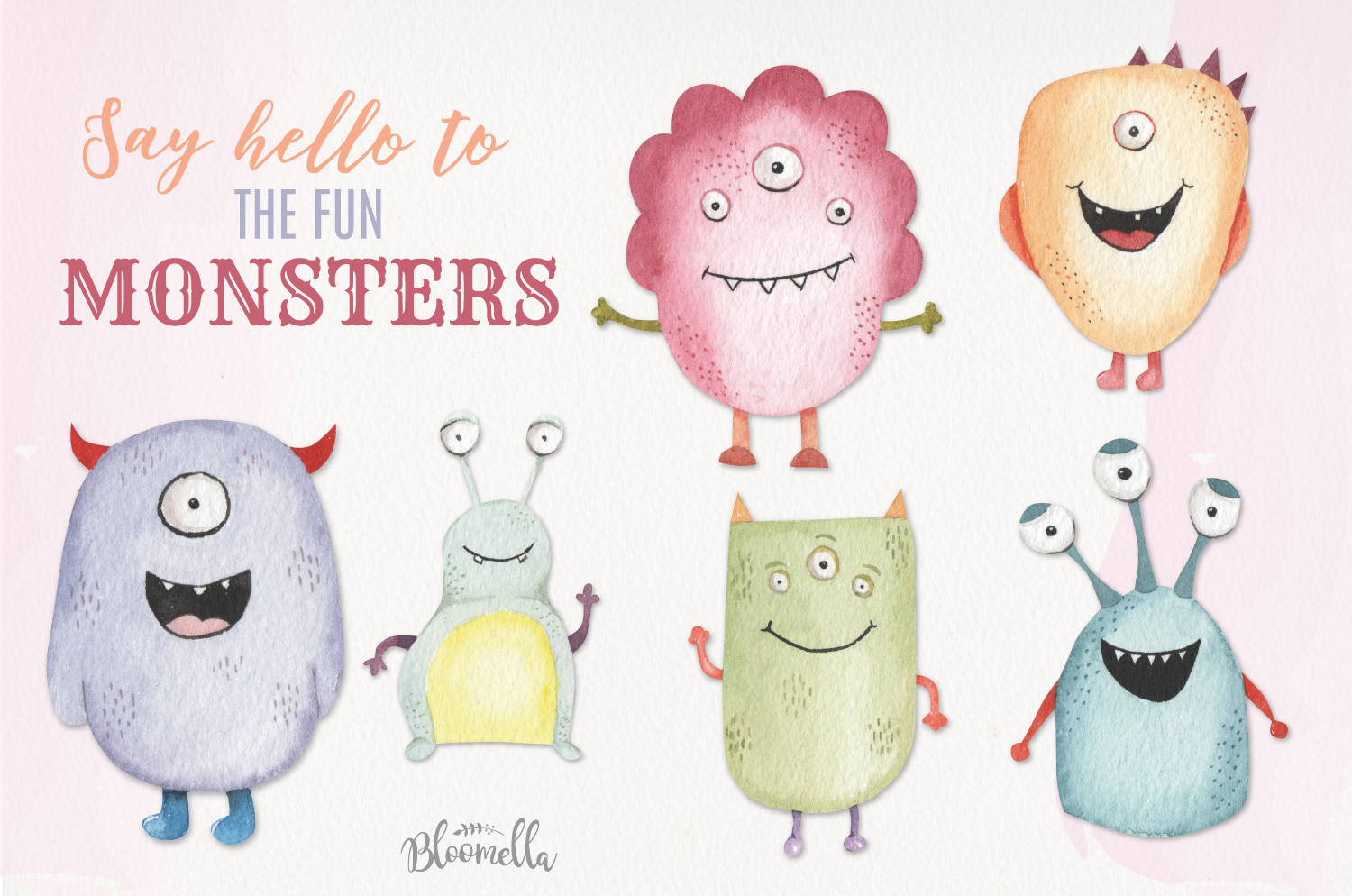 Fun Monsters Watercolor 6 Designs Set Kids Halloween Painted