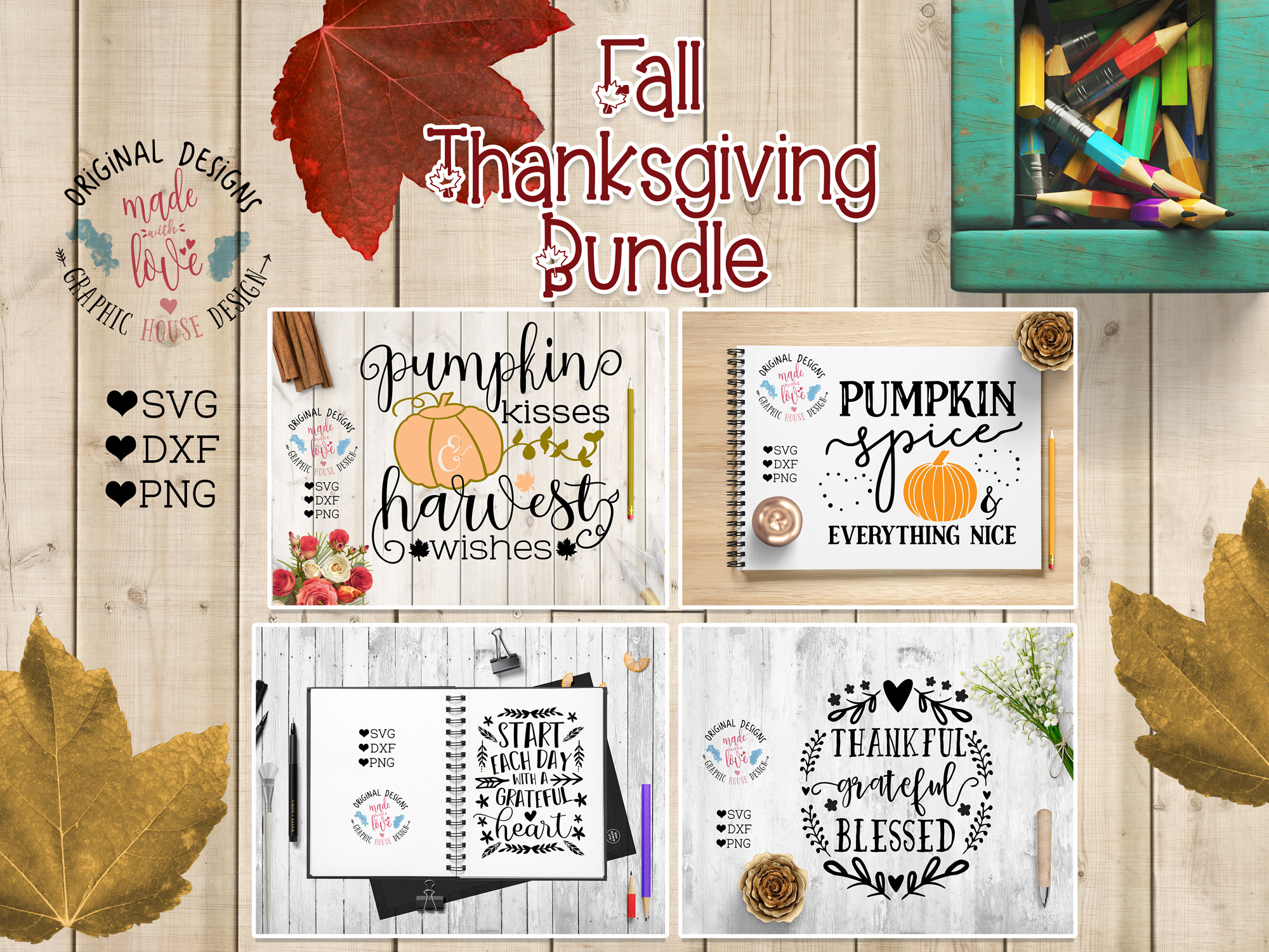 Fall Thanksgiving Cut Files Bundle in SVG, DXF, PNG