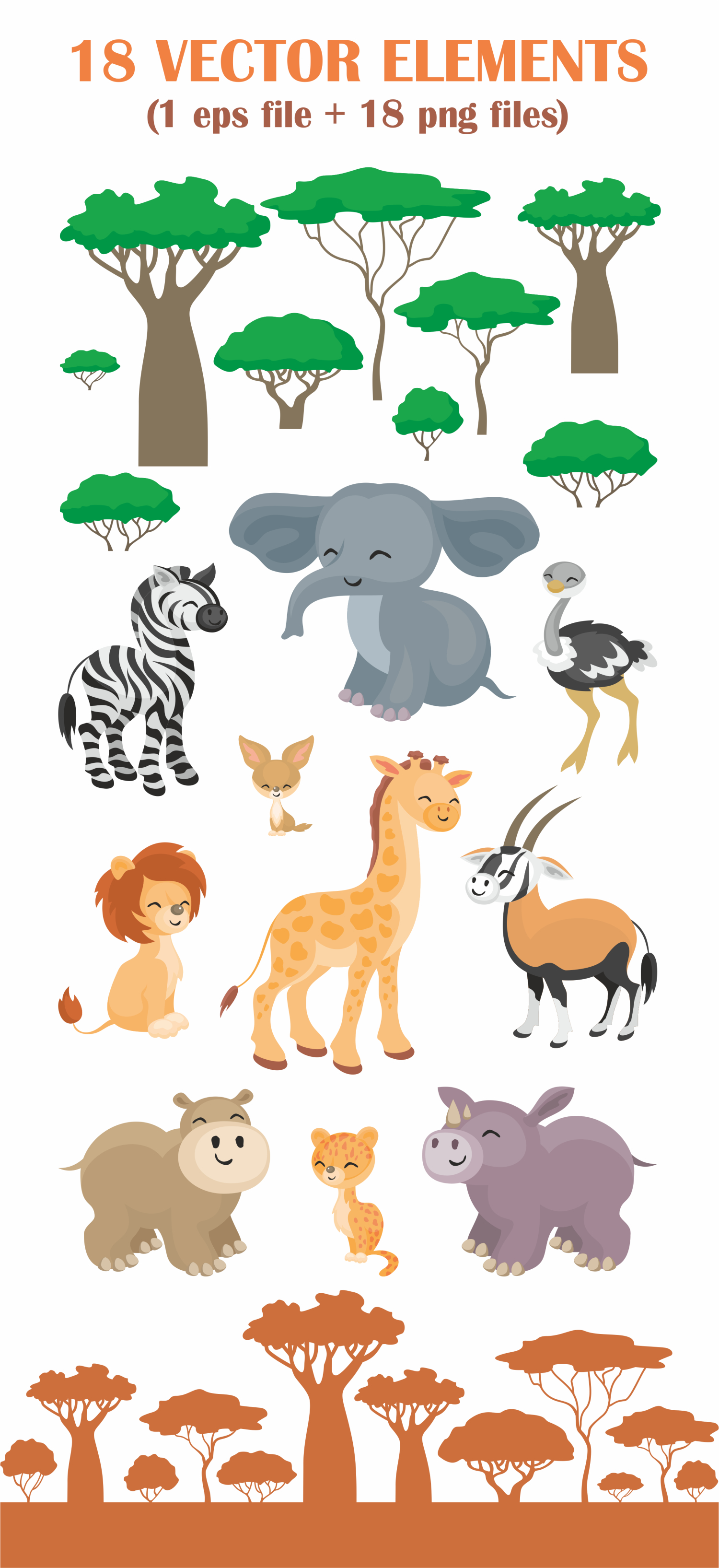 African animals and plants. Vector clip arts. (32034) | Illustrations ...