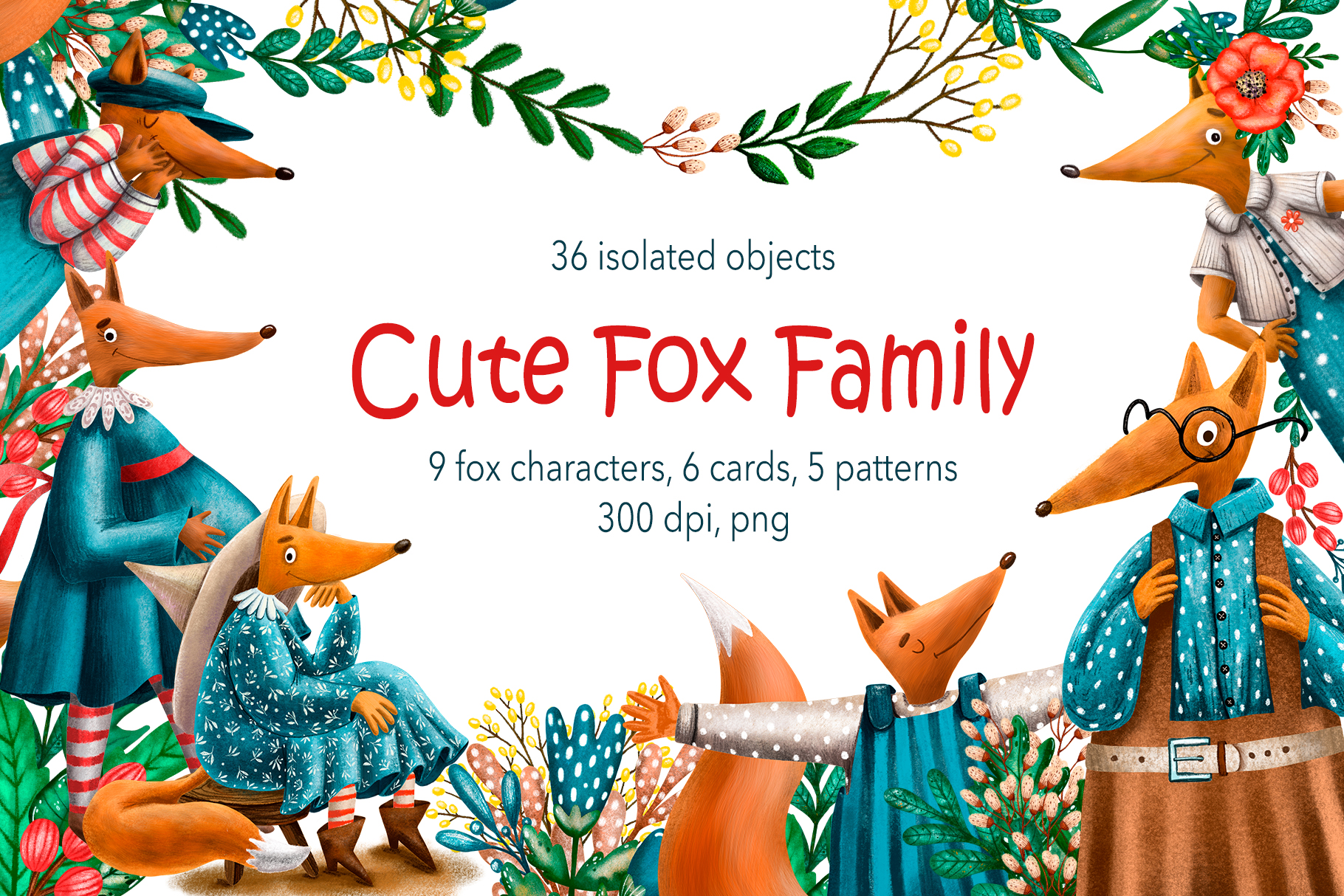 Cute Fox Family - Clip Art Set