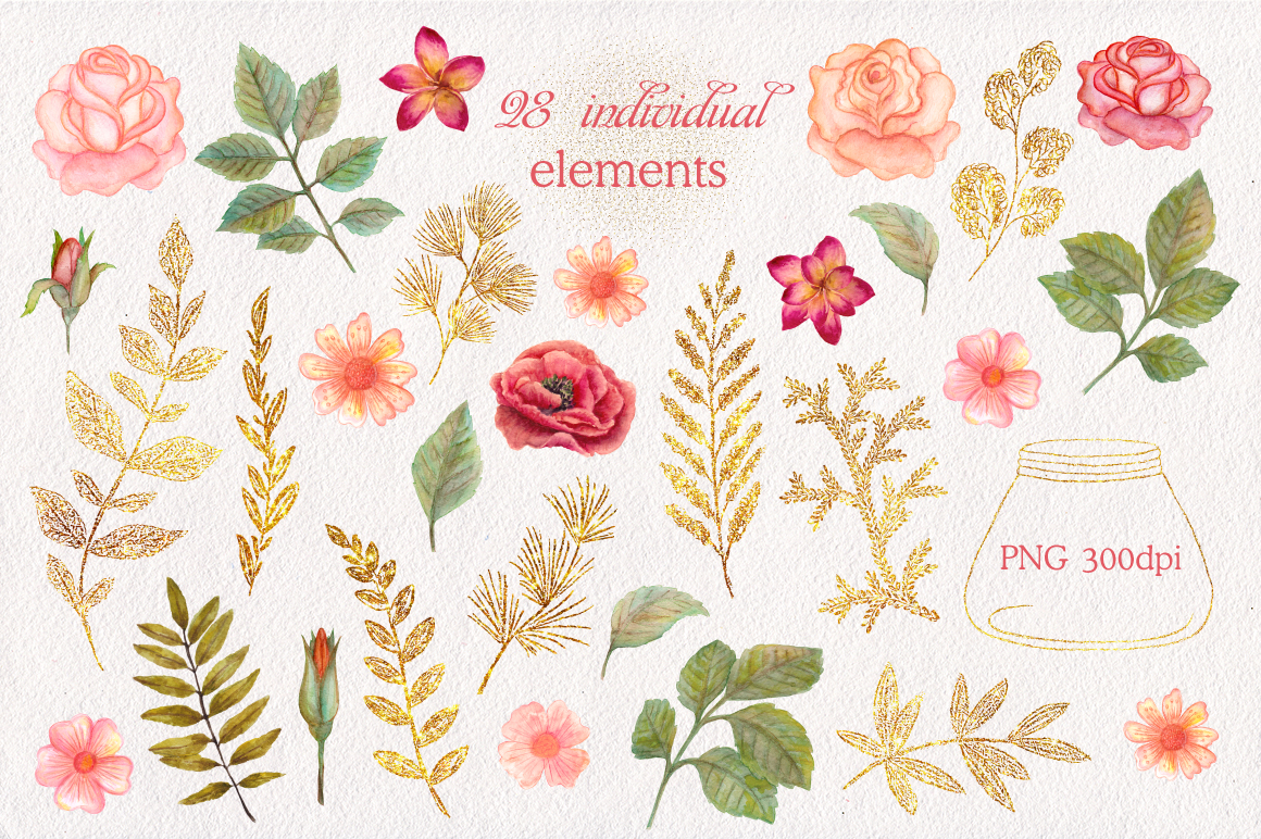 Watercolor glitter floral collection (17396) | Illustrations | Design ...