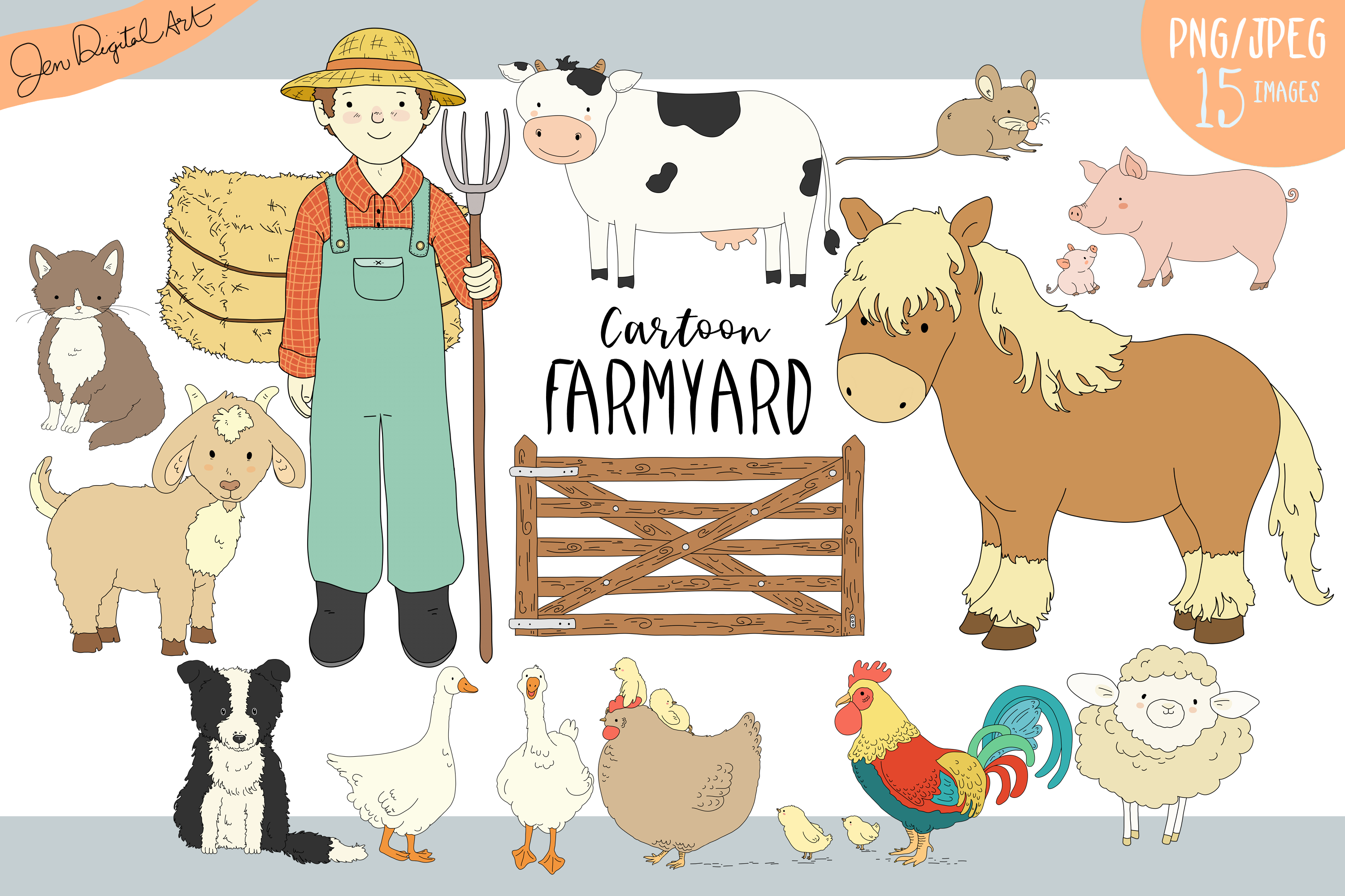 Cartoon Farmyard Clip Art Illustrations | 15 Images -PNG/JPG