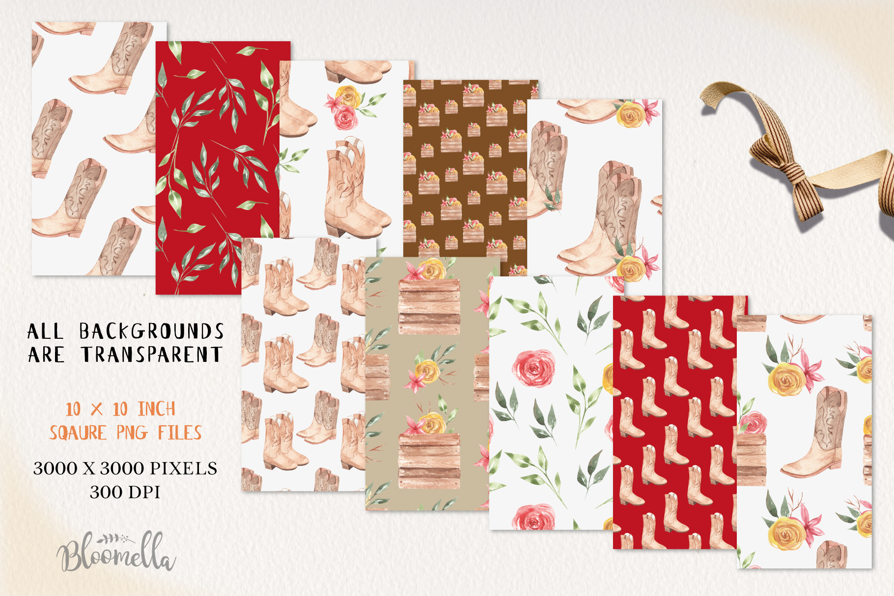 Cowboys Florals Seamless Patterns Digital Papers Western