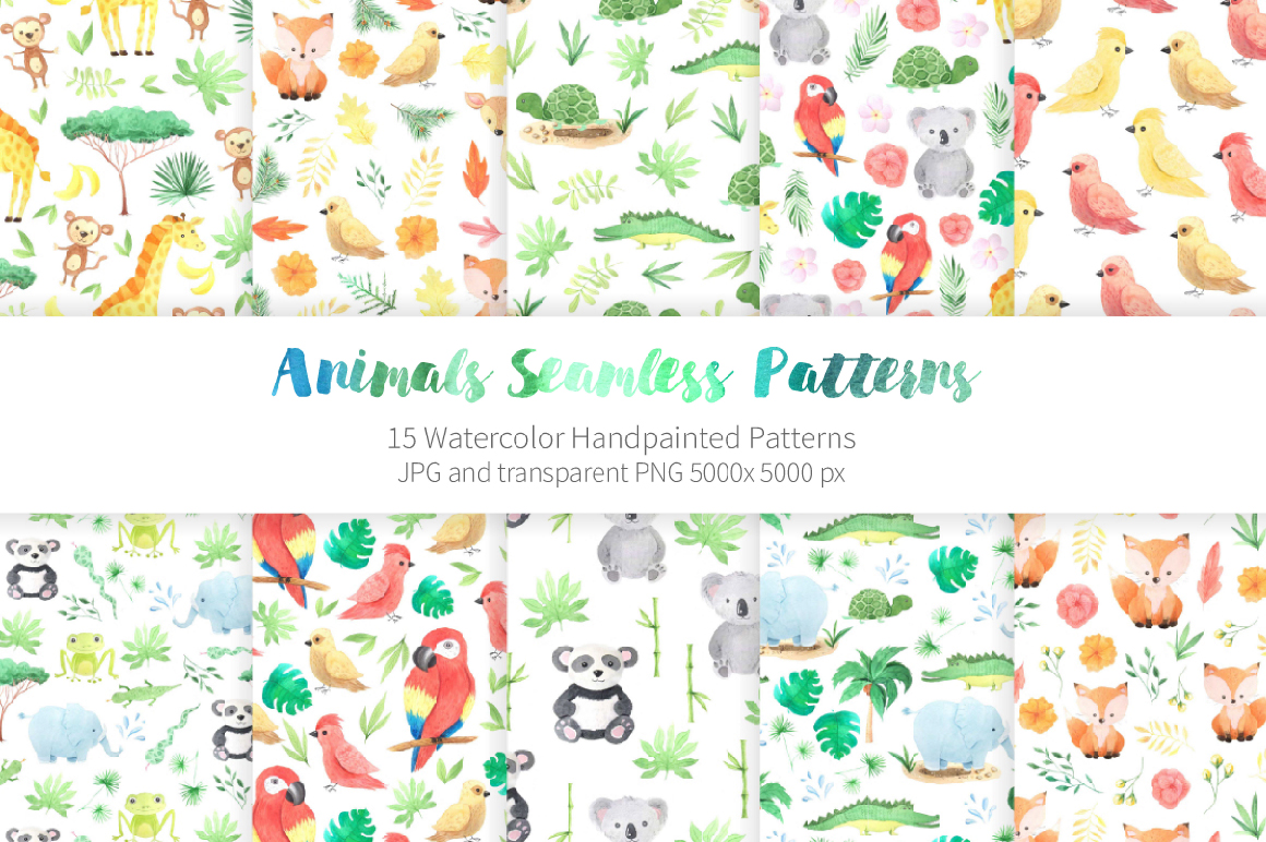 Watercolor Animals Patterns Set