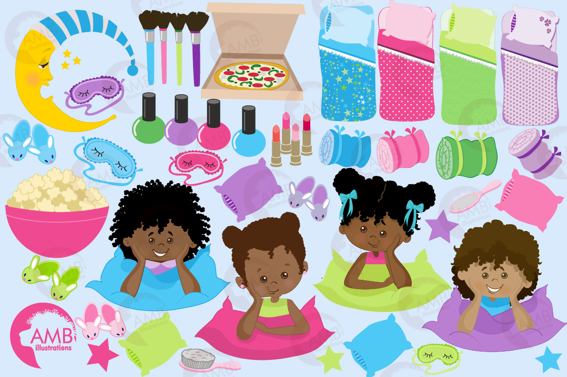 Slumber party, Pyjama Party clipart, African American girls MEGA Bundle ...