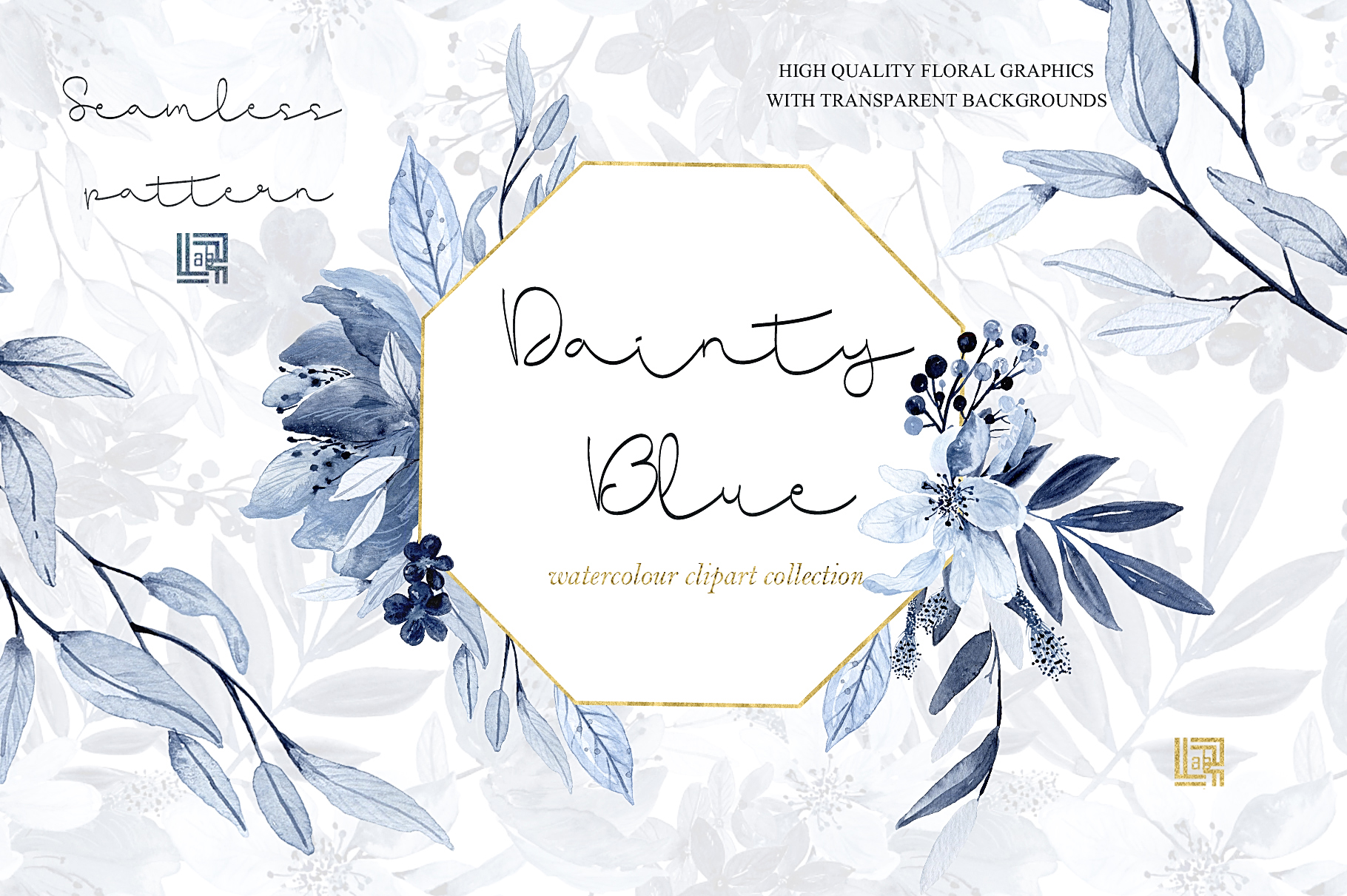 Dainty blue watercolor clipart. Navy blue wedding design.