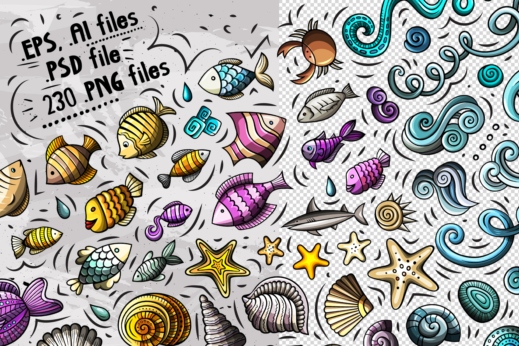 Sea Life Cartoon Objects Set (90097) | Illustrations | Design Bundles