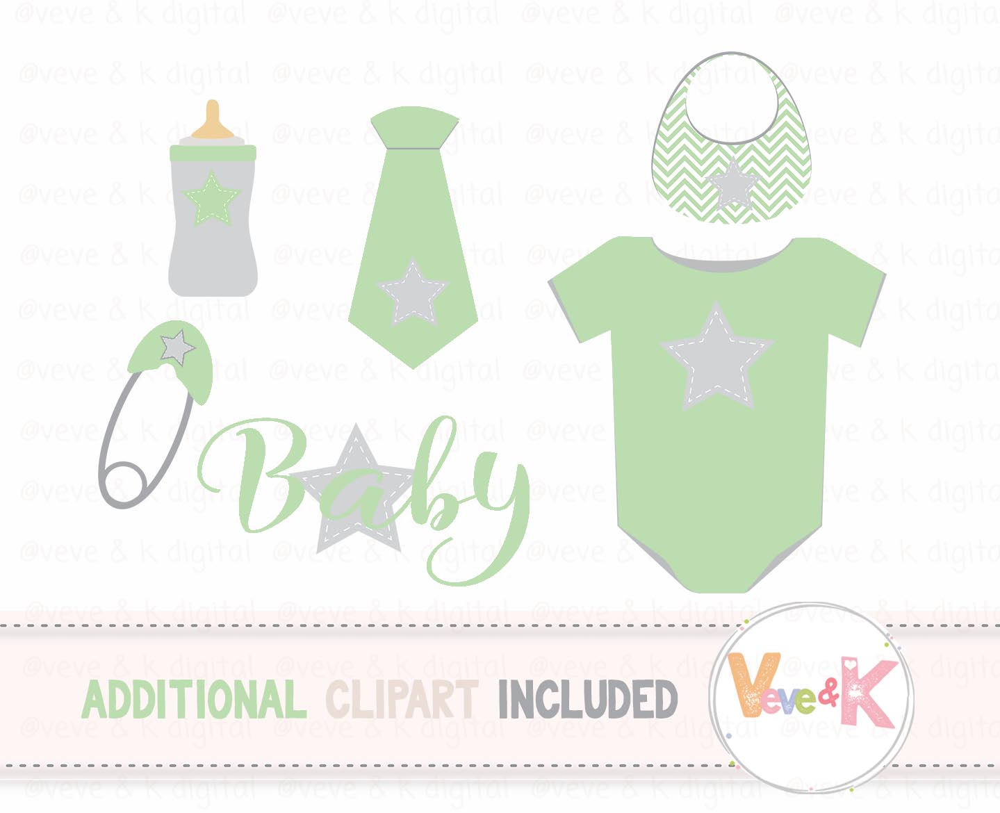 Green Baby Digital Papers and Clipart Set, Baby Clip Art, Baby Shower ...