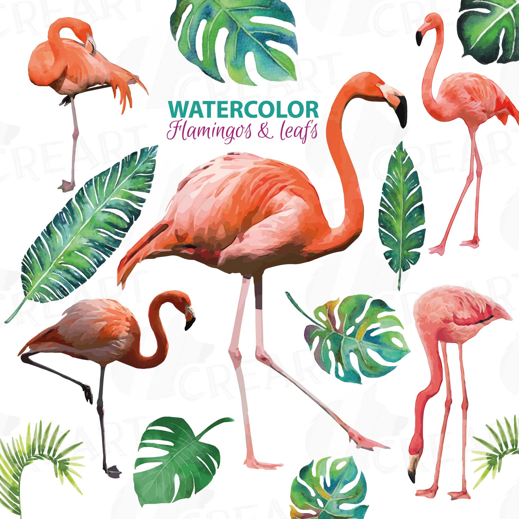 Watercolor Flamingos Clipart with watercolor leafs. 5 flamingos and 7 ...
