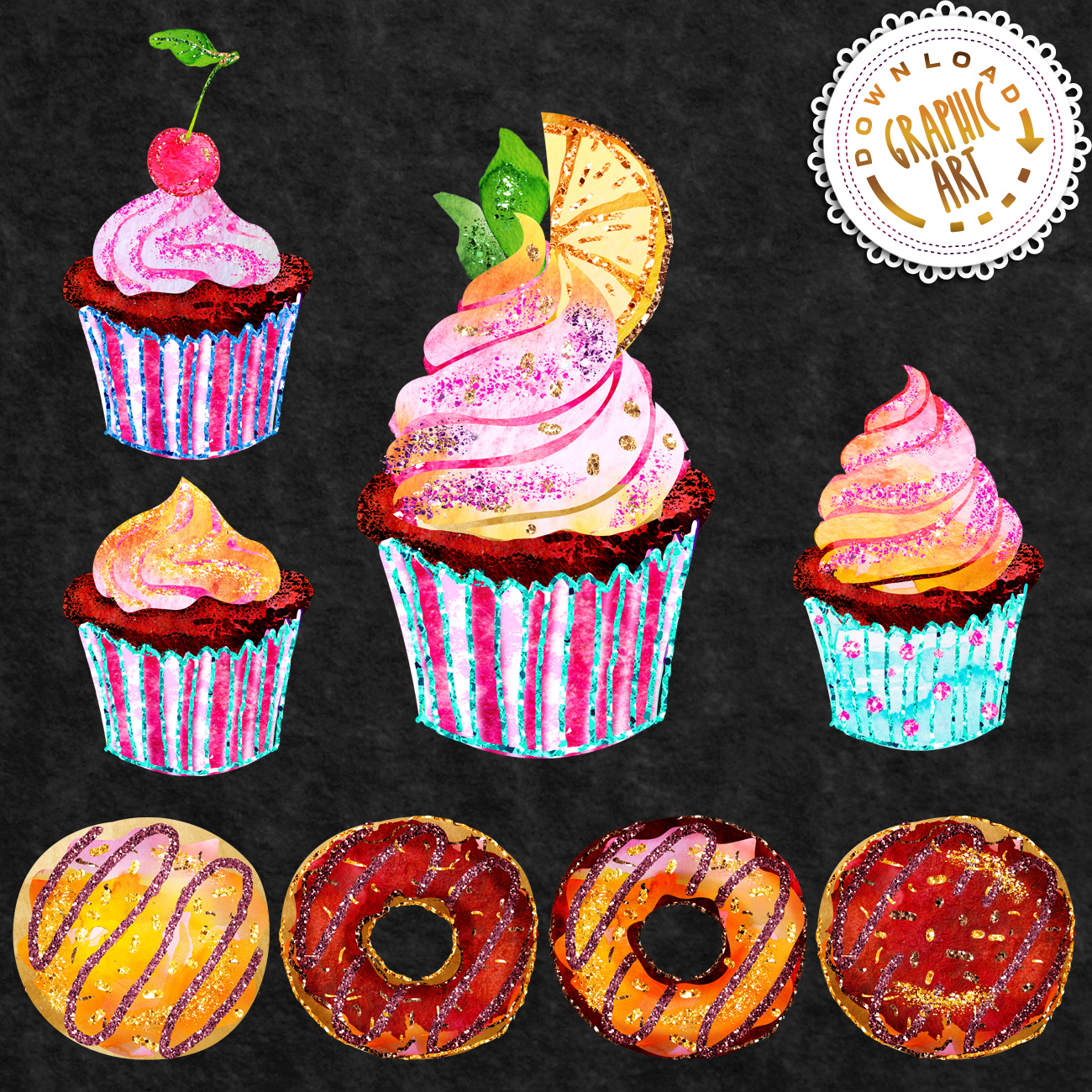Cupcake and Donut Clip Art (111515) | Illustrations | Design Bundles