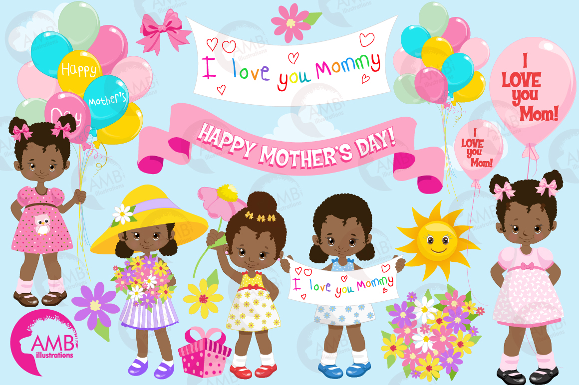 Mothers Day kids, African American girls, graphics, clipart ...